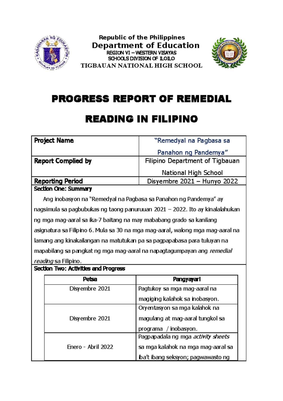Progress- Report - Republic of the Philippines Department of Education ...
