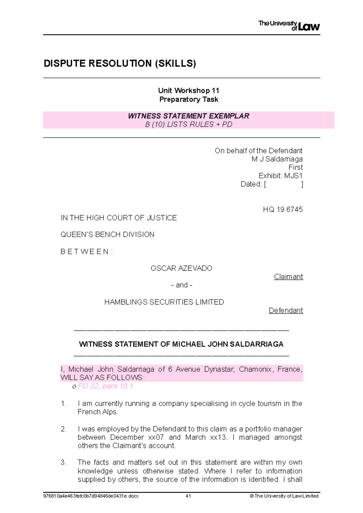 WS Exemplar - Tomlin Order - DISPUTE RESOLUTION (SKILLS) Unit Workshop ...