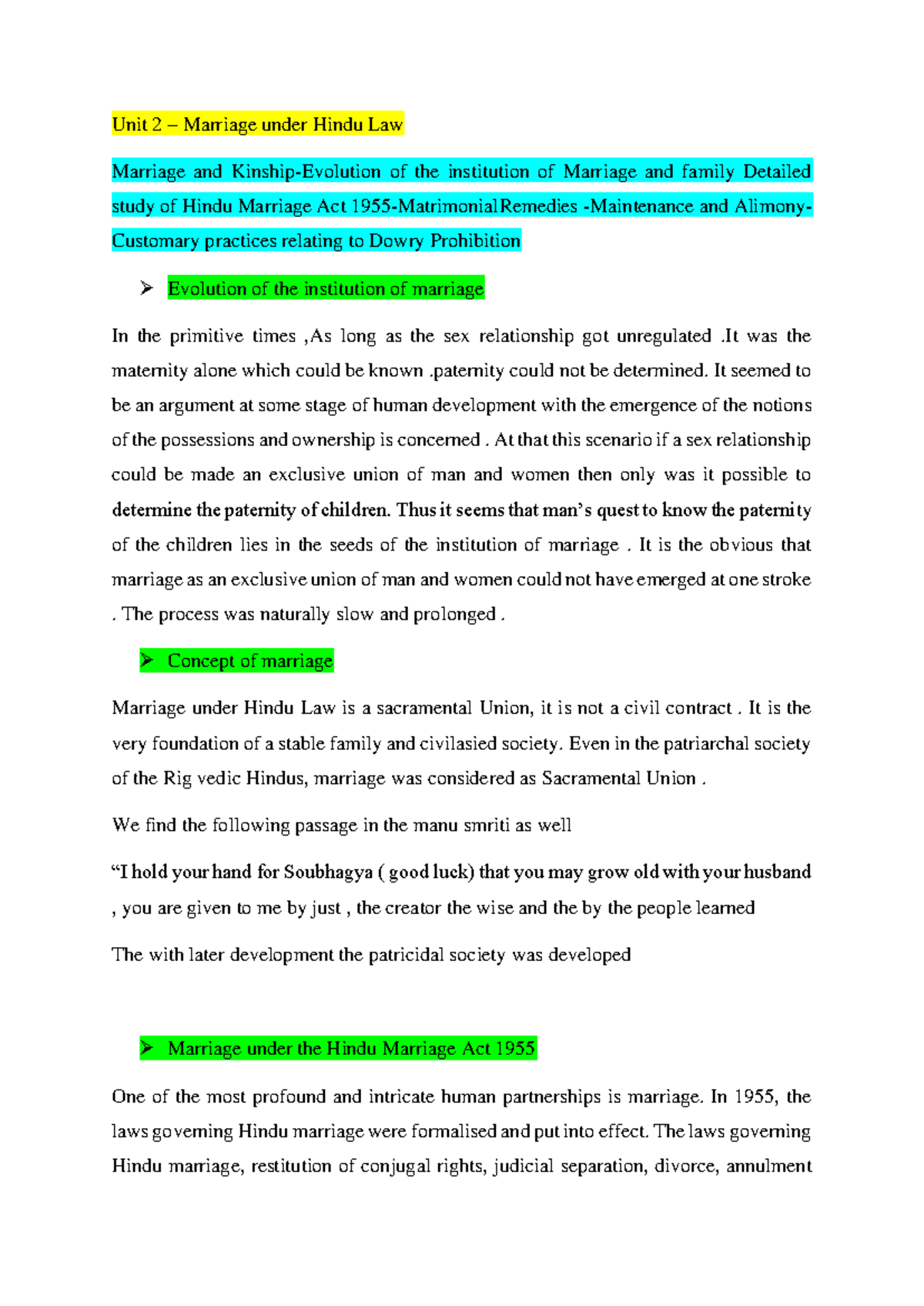 Unit 2-family Law 5th sem - Unit 2 – Marriage under Hindu Law Marriage ...