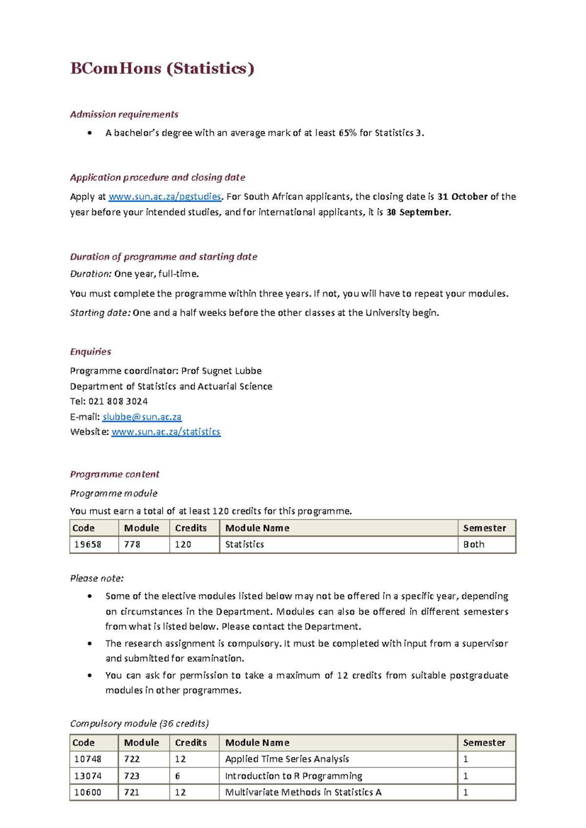 BCom Hons (Statistics) - BComHons (Statistics) Admission requirements A ...
