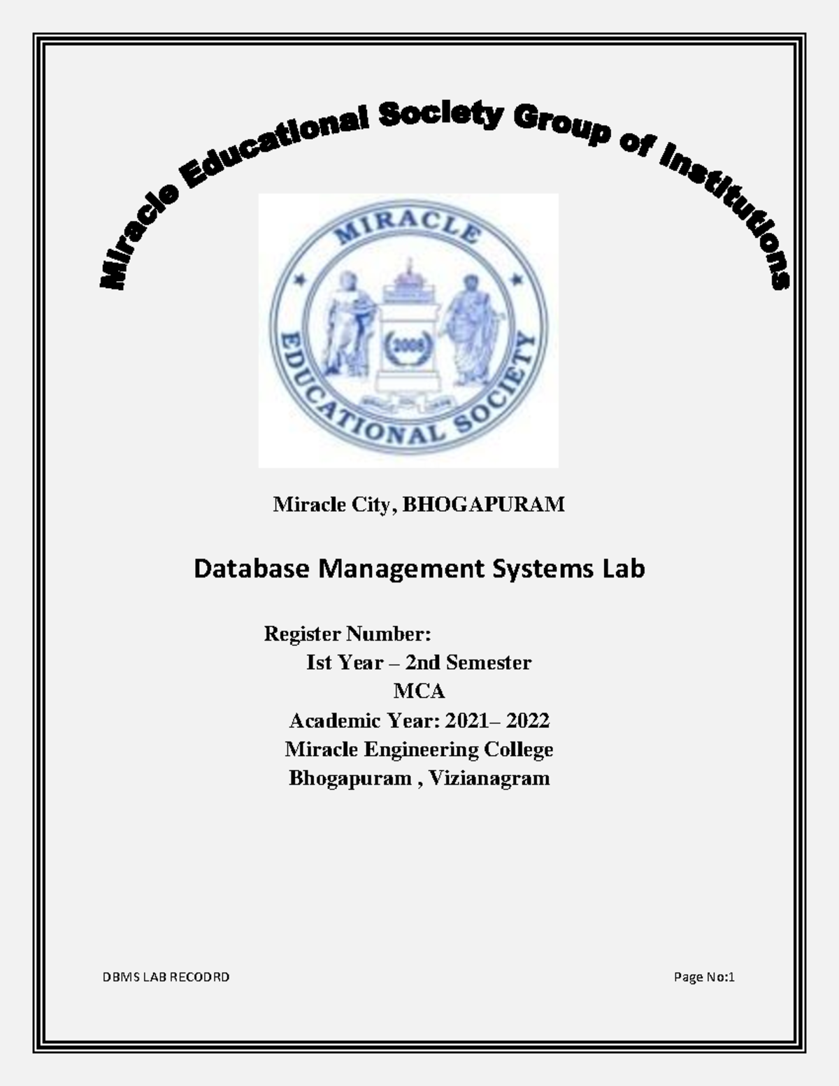 Database Management System Lab Manual - Miracle City, BHOGAPURAM ...