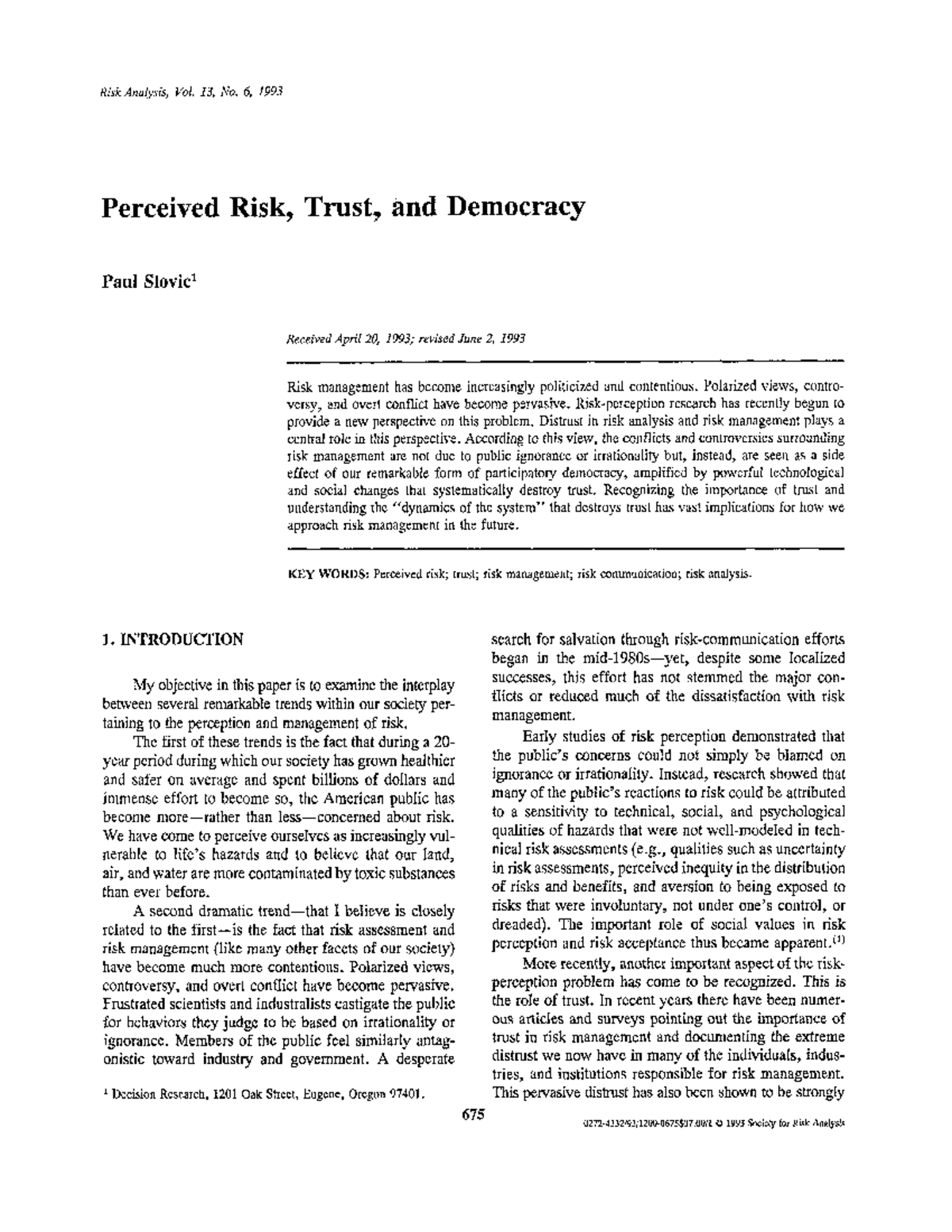1993 Slovic - Perceived Risk Trust and Democracy - RiskAnalysis ...