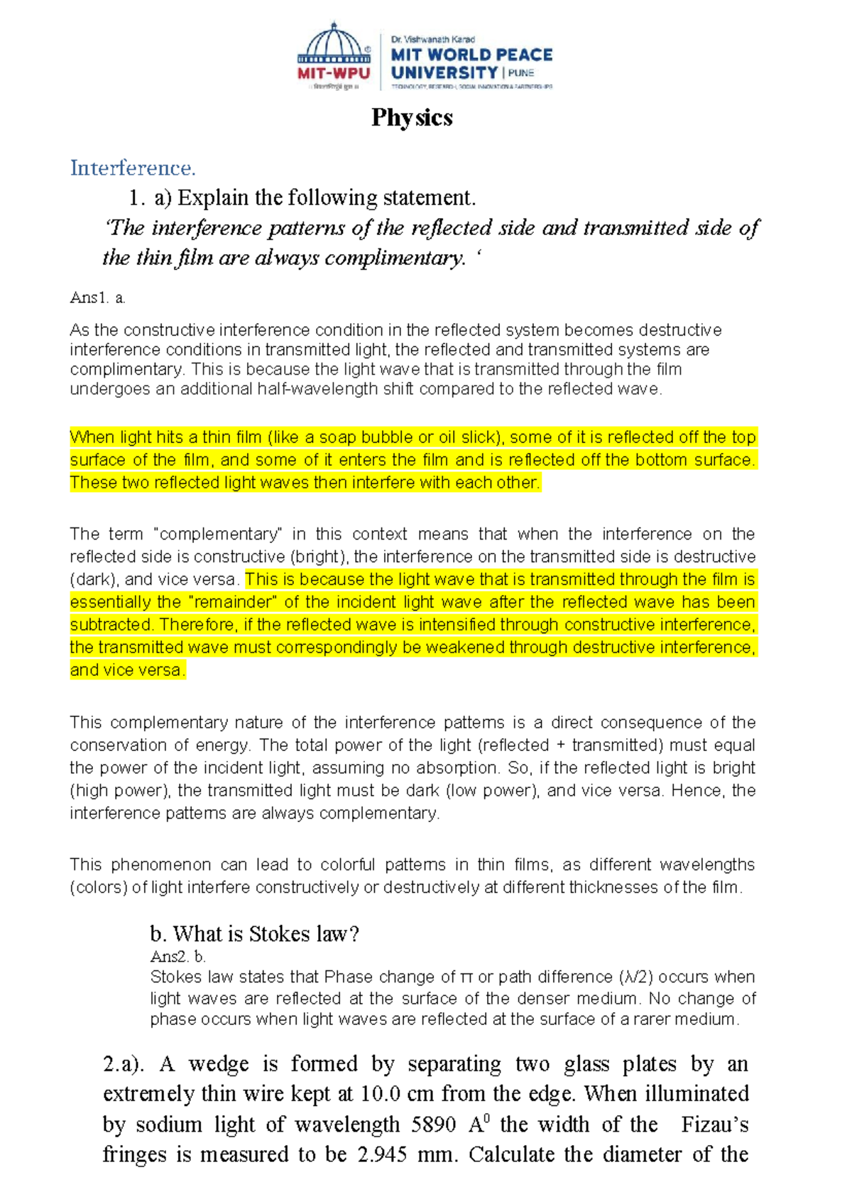 Phy: Interference, Diffraction, Quantum - Physics Interference. 1. a ...