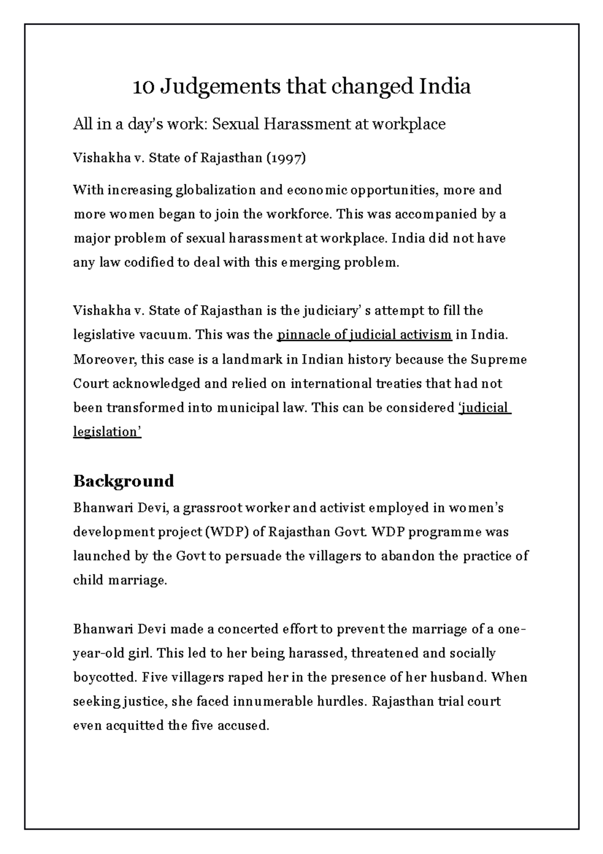 Vishakha Guidelines - 10 Judgements that changed India All in a day’s ...