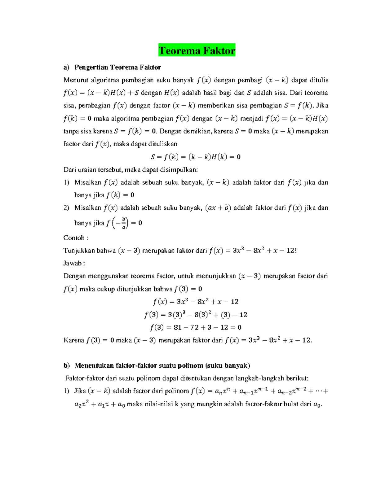 Factor Theorem Teorema Faktor A Pengertian Teorema Faktor Menurut