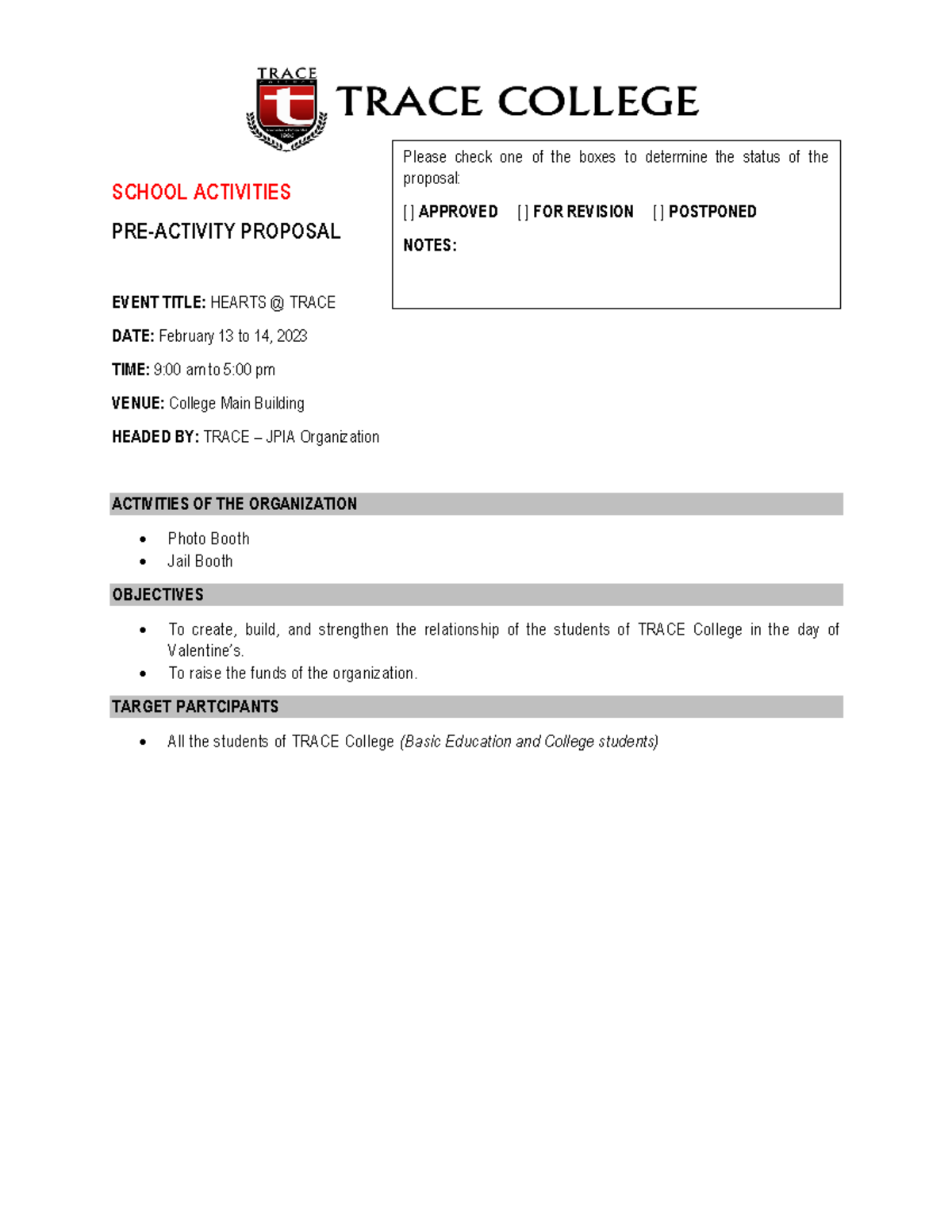 JPIA Pre-Activity - n/a - SCHOOL ACTIVITIES PRE-ACTIVITY PROPOSAL EVENT ...