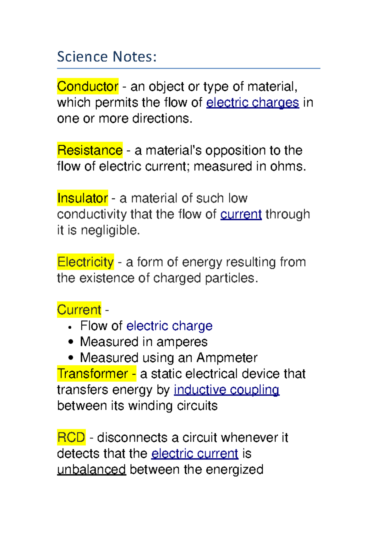 Science Electricity Notes - Science Notes: Conductor - an object or ...