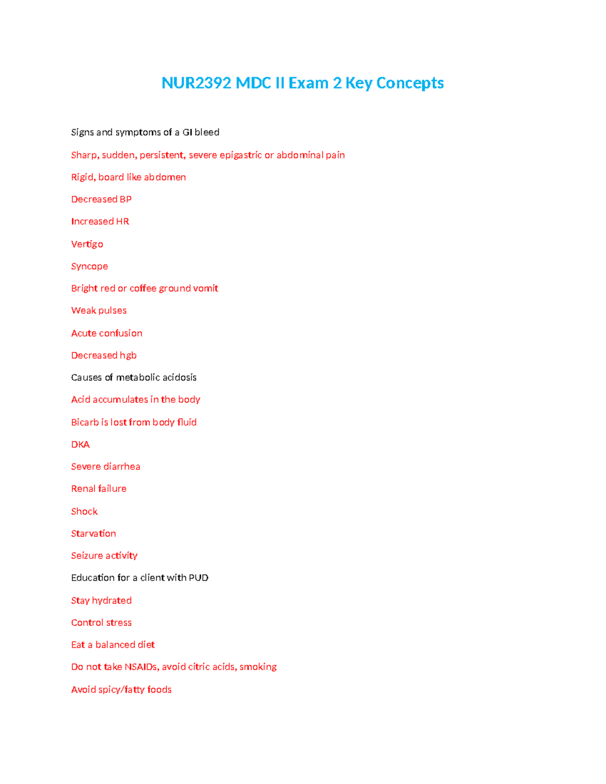 MDC II Exam 2 Key Concepts - NUR2392 MDC II Exam 2 Key Concepts Signs ...