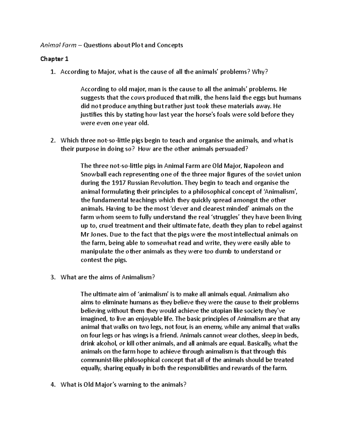 Animal Farm Chapter 1 Plot and Concepts Questions - Studocu