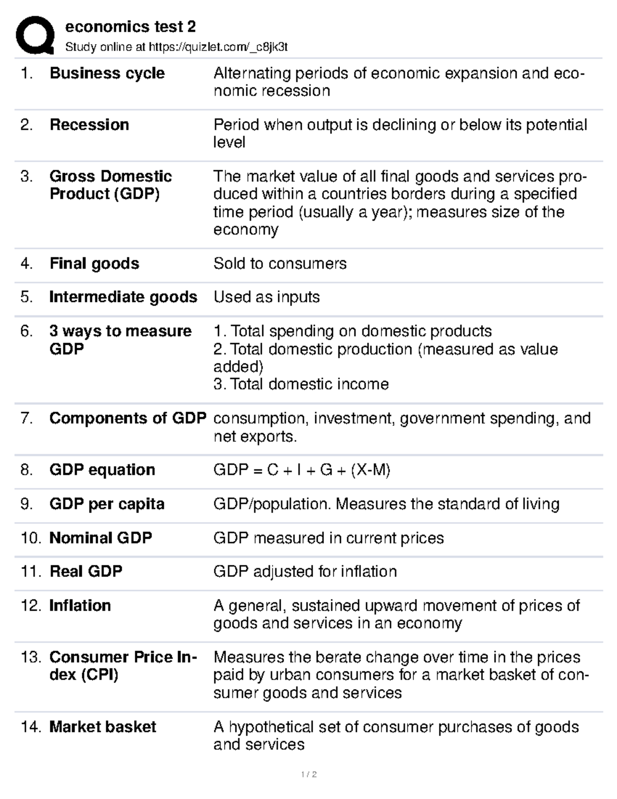 economics test 2 - GDP equation GDP = C + I + G + (X-M) GDP per capita ...