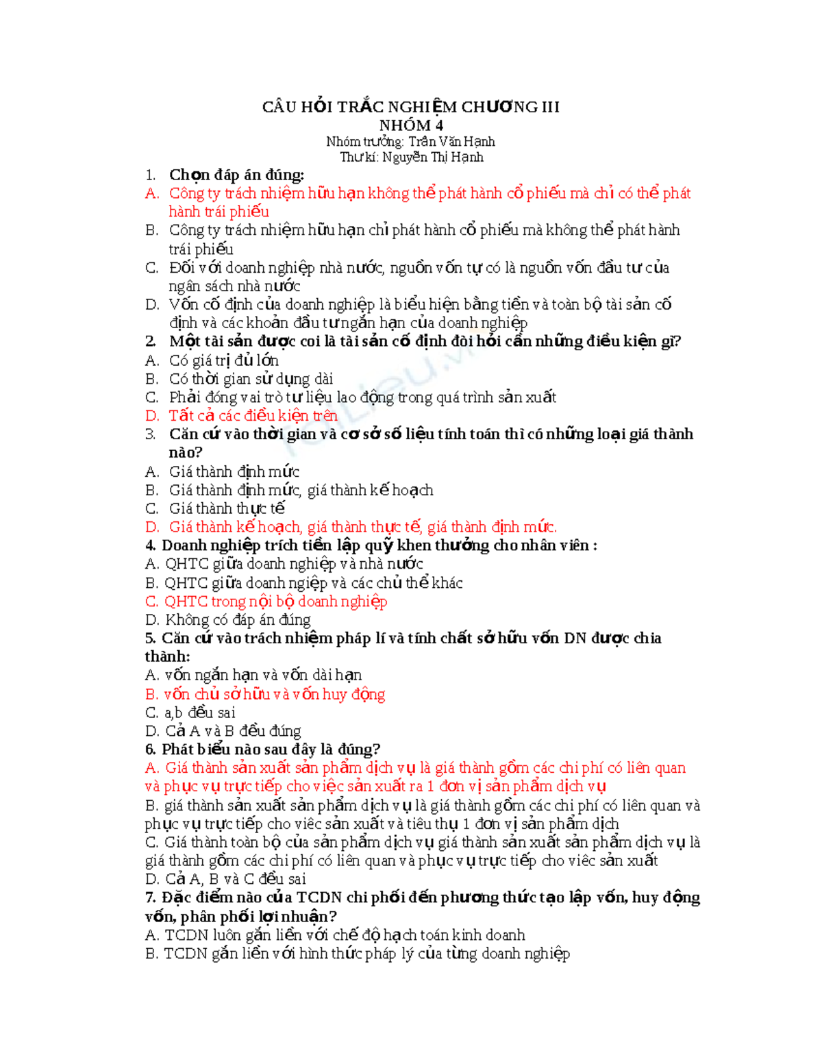 Cau hoi trac nghiem chuong iii 2955 - CÂU H I TR C NGHI M CH NG IIIỎ Ắ Ệ ƯƠ NHÓM 4 Nhóm tr ng ...