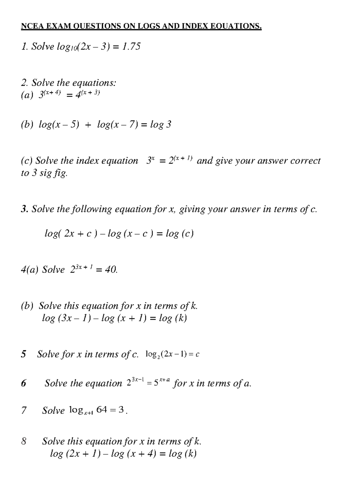 3b NCEA EXAM Questions ON LOGS AND Index Equations - NCEA EXAM ...
