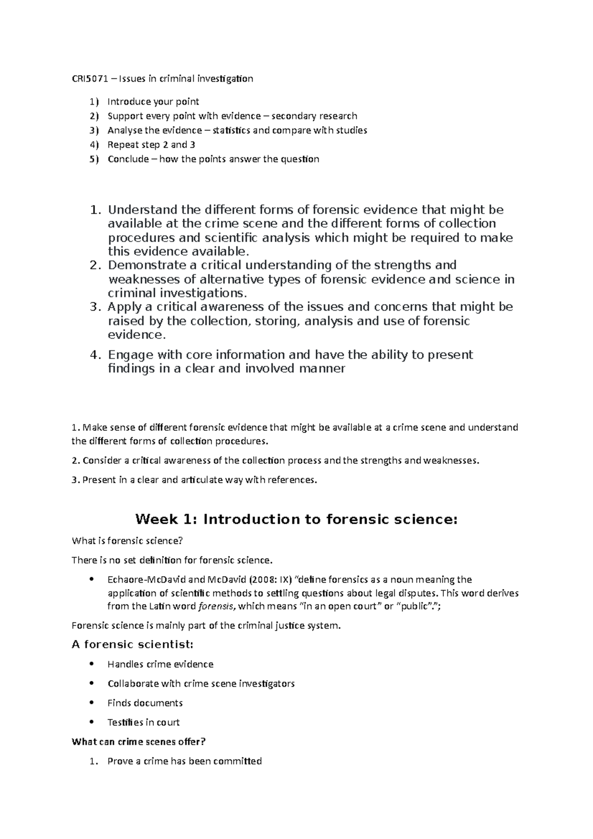 CRI5071 Lecture notes - CRI5071 – Issues in criminal investigation ...