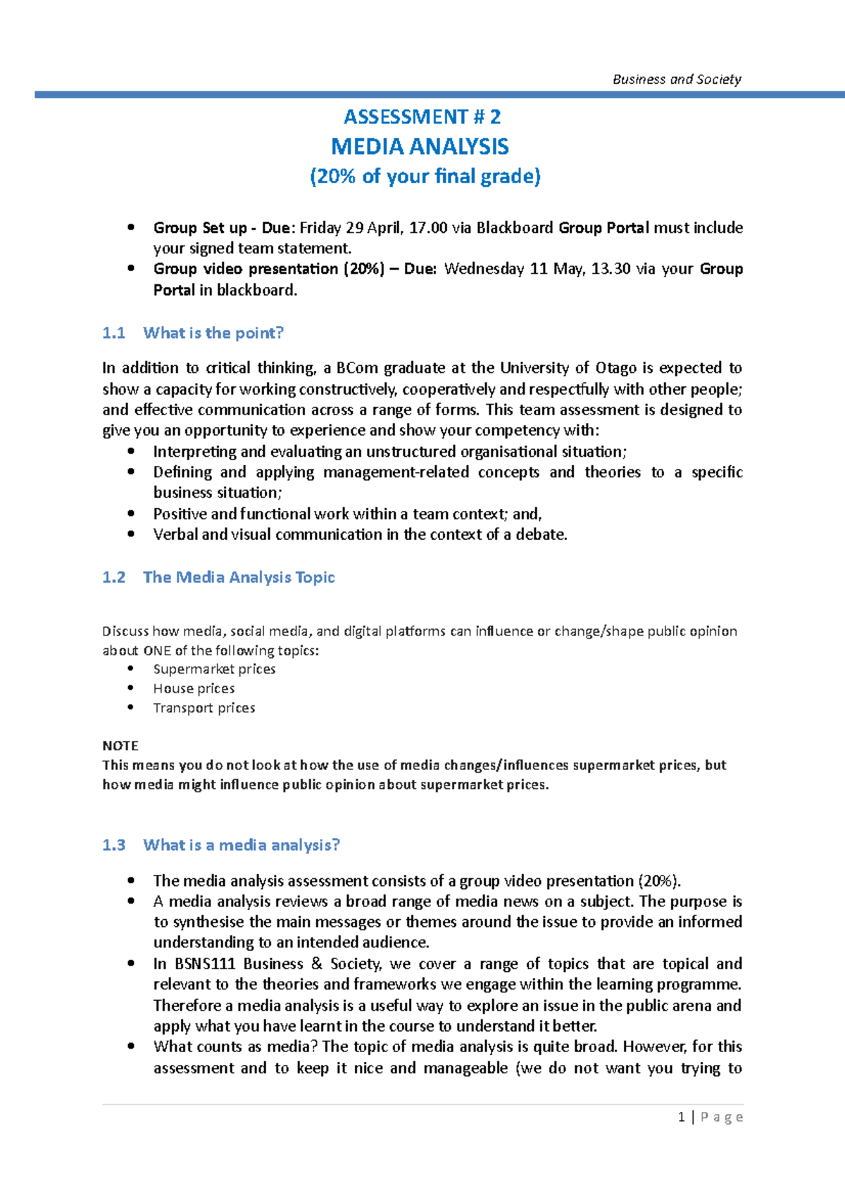 BSNS111 2022 S1 Media Analysis Guidelines - ASSESSMENT # 2 MEDIA ...