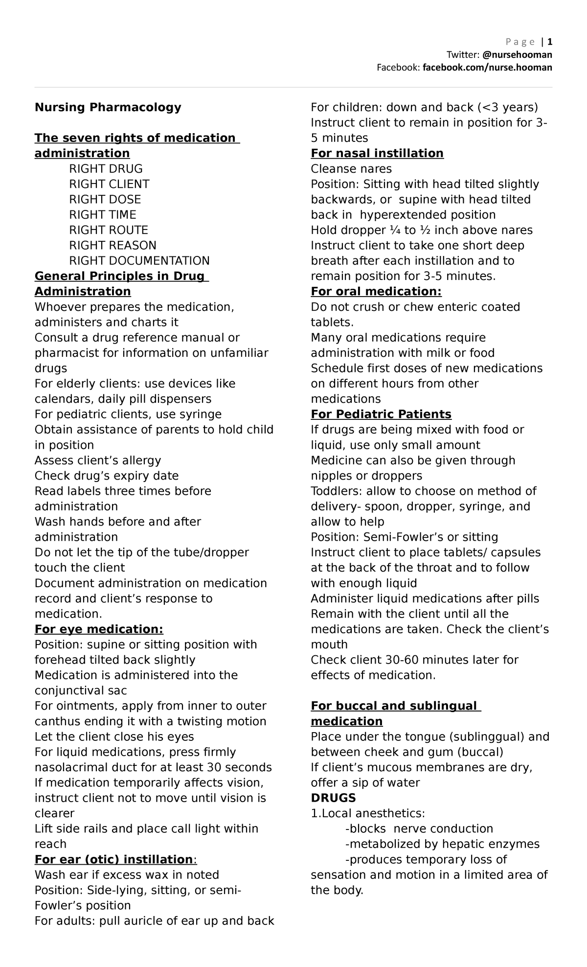 Nursing Pharmacology Handouts 1 - Twitter: @nursehooman Facebook ...