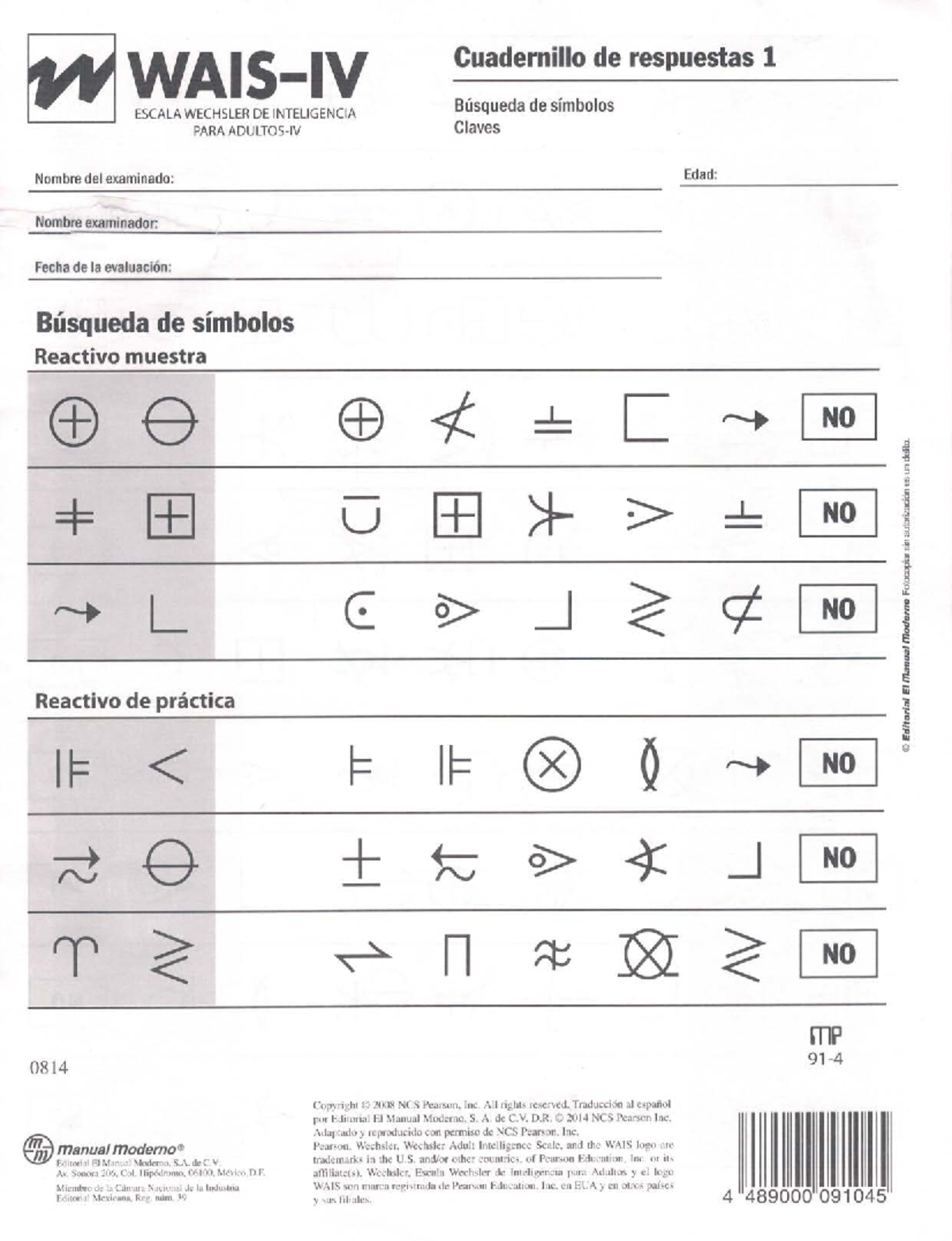 WAIS-IV Cuadernillo VP y CL Covid - W WAIS-IV Cuadernillo de respuestas 1 ESCALA WECHSLER DE ...
