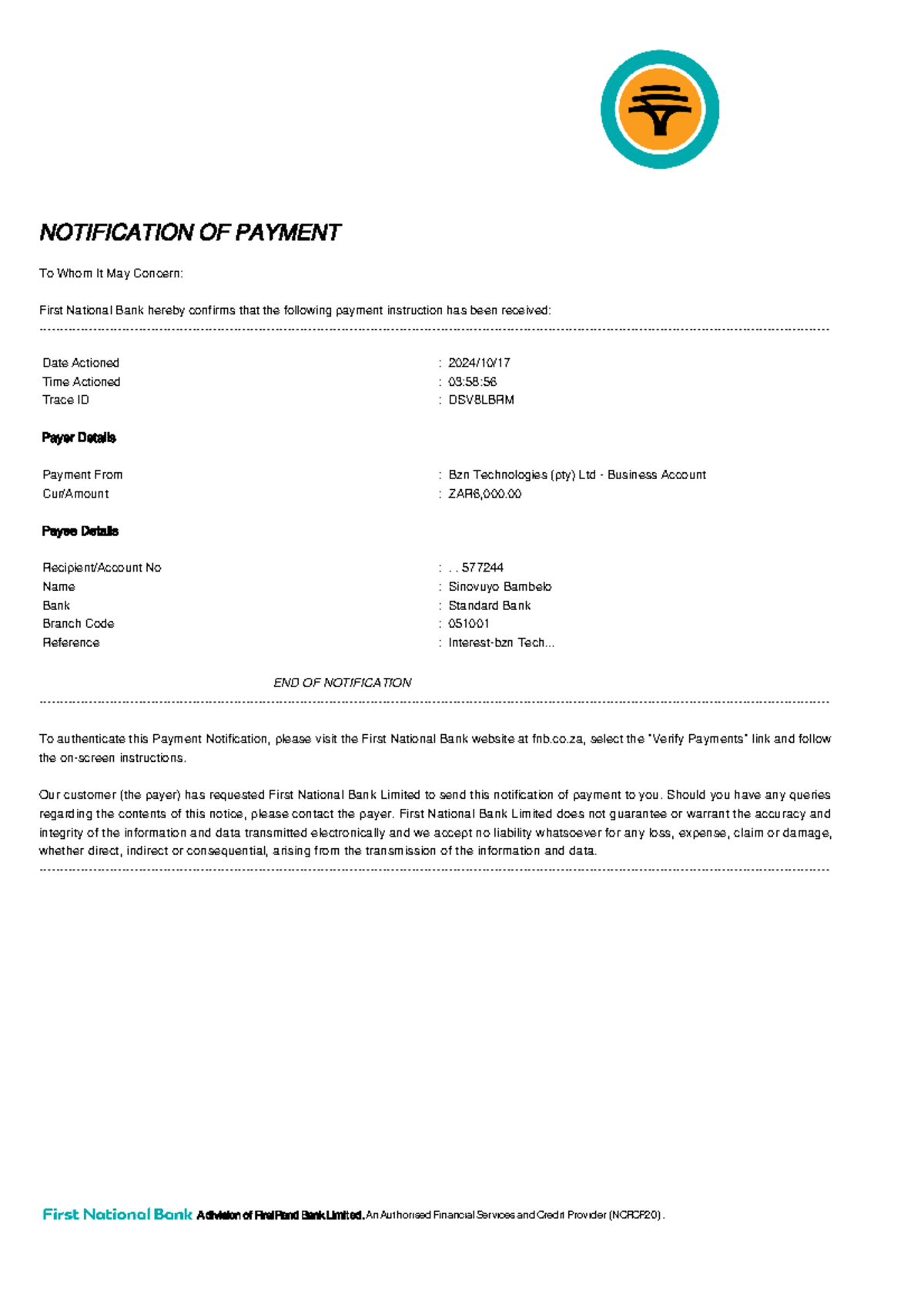 Payment Notification (31) - NOTIFICATION OF PAYMENT To Whom It May ...