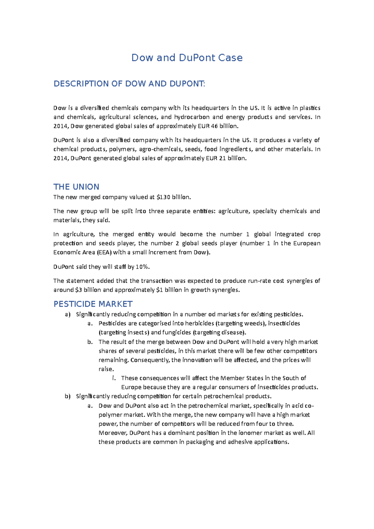 Práctica Dow Du Pont Industrial Organization - Dow and DuPont Case ...