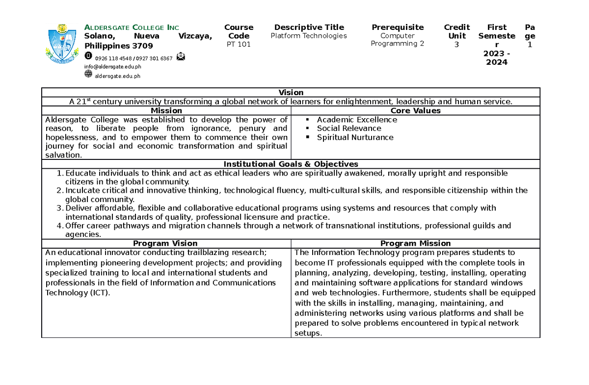 Syllabus IT Elective 1 PT 101 Platform Technologies - Solano, Nueva ...