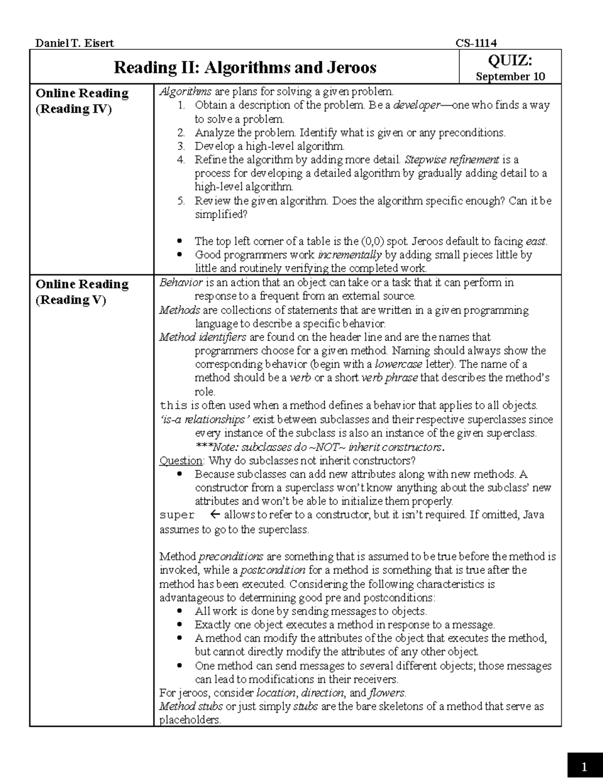 CS-1114 - Notes - Reading 2 - 1 Daniel T. Eisert CS- Reading II ...