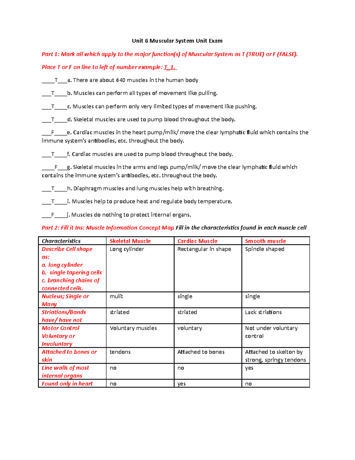 Muscles Unit Exam - Unit 6 Muscular System Unit Exam Part 1: Mark all ...