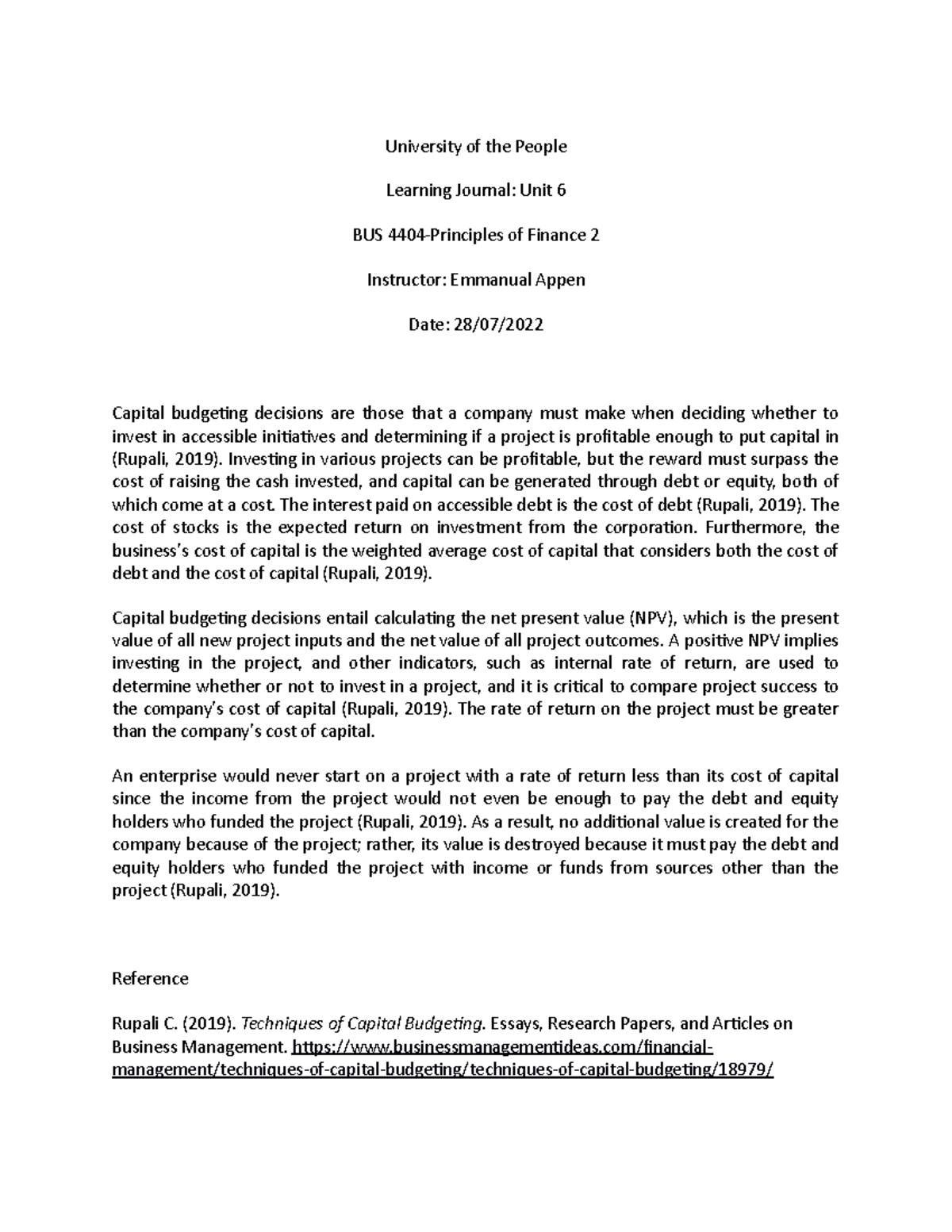 Learning journal UNIT 6 - University of the People Learning Journal ...