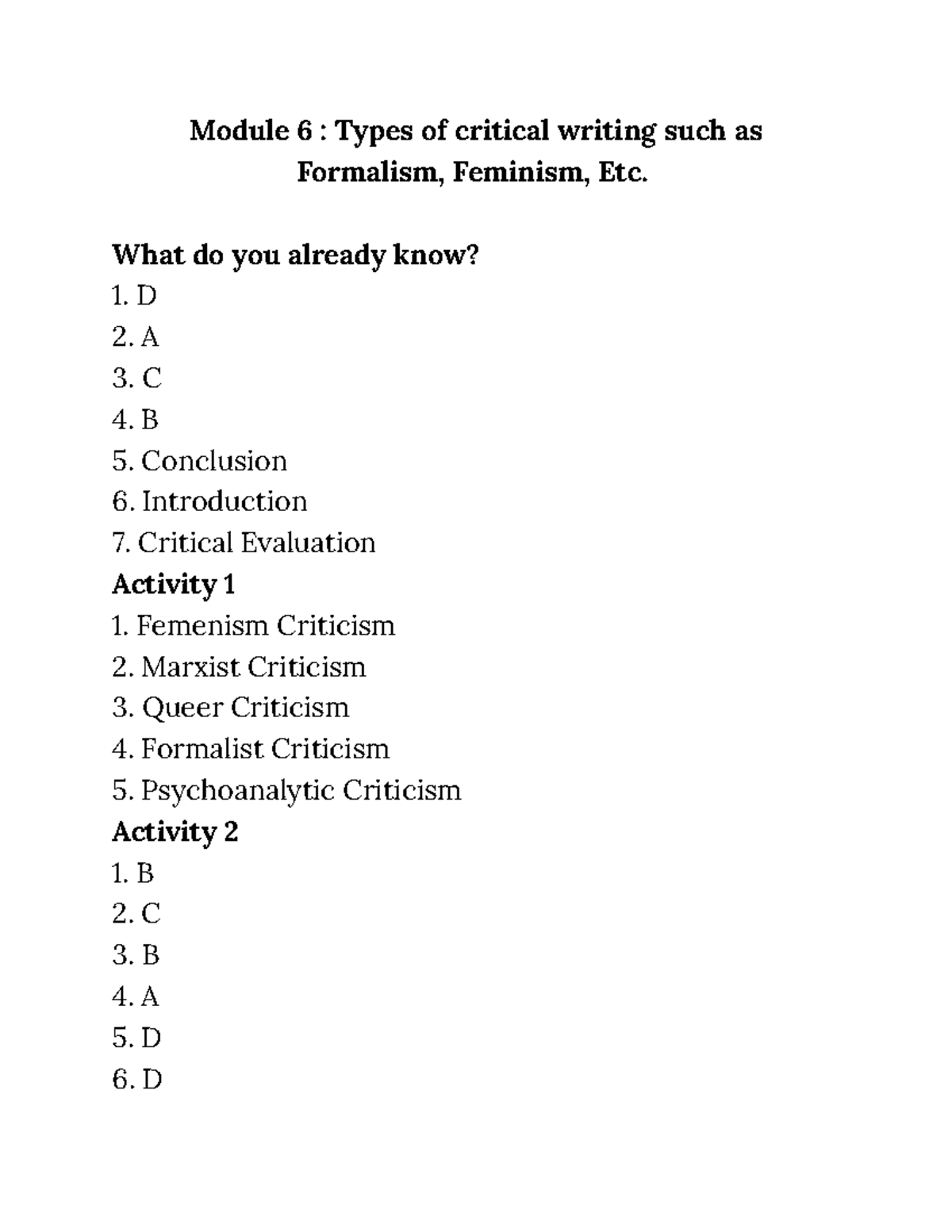 Module 6 Types of critical writing such as Formalism, Feminism, Etc ...