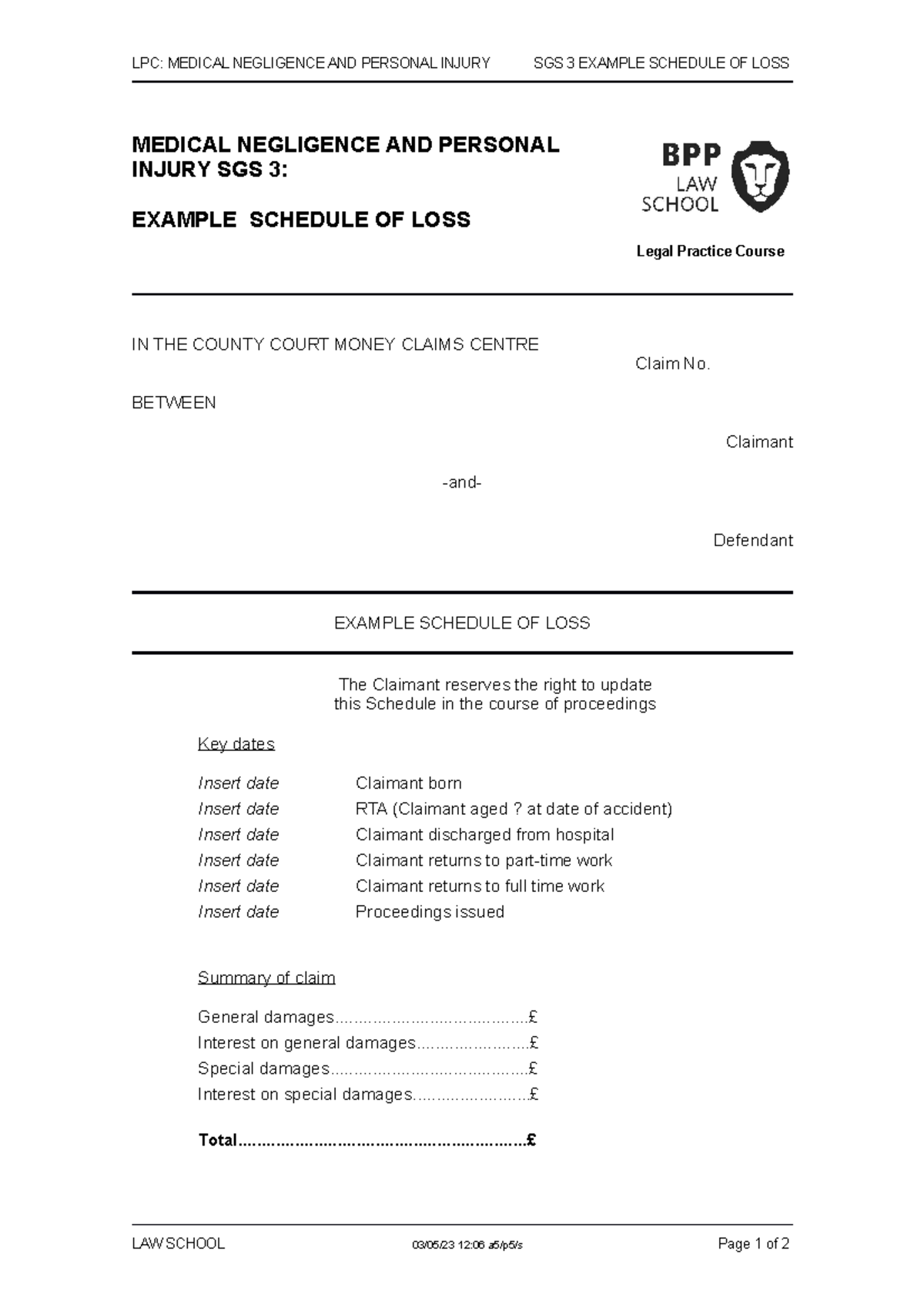 MNPI SGS 3 Example Sof L - schedule of loss - LPC: MEDICAL NEGLIGENCE ...