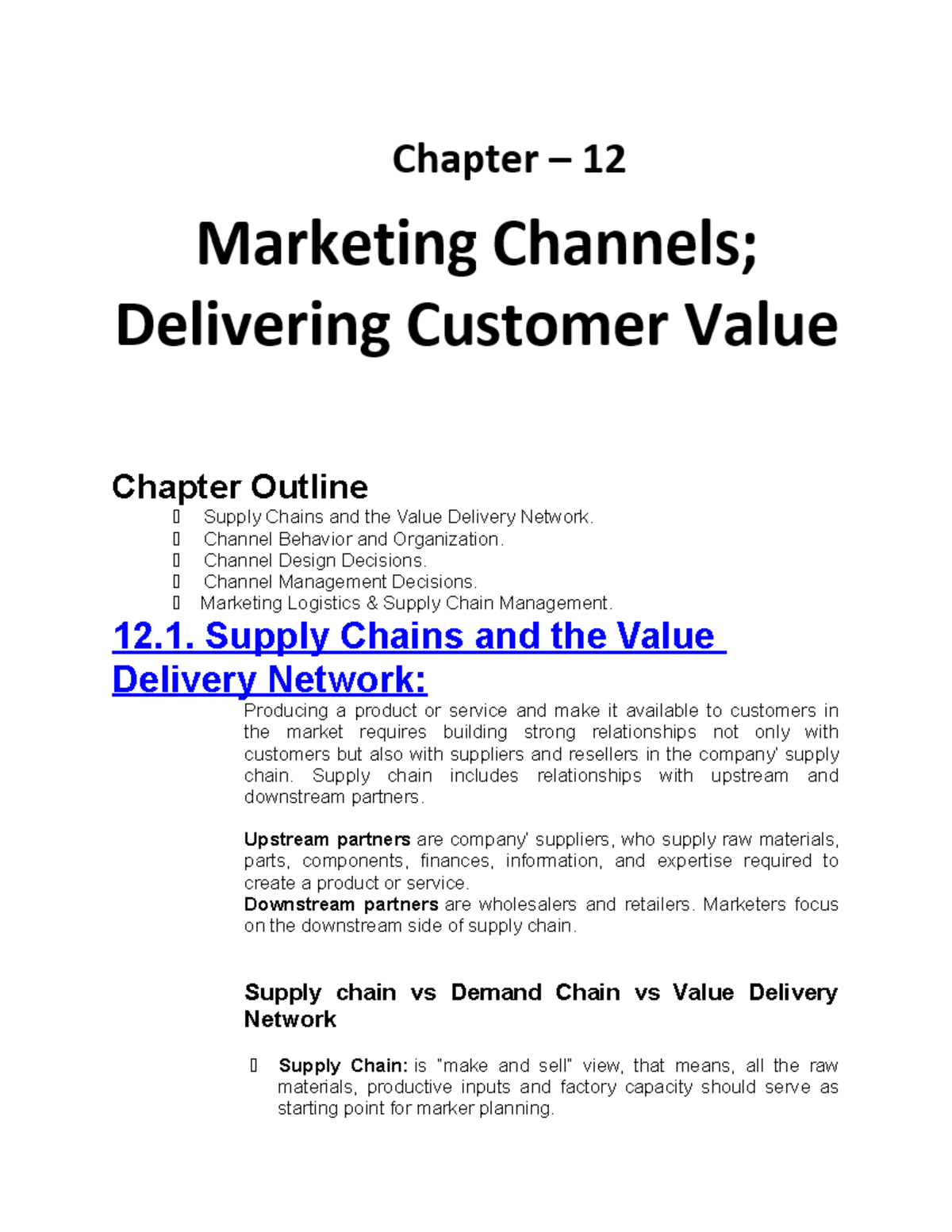 Ch@ 12 - good - Chapter Outline Supply Chains and the Value Delivery ...