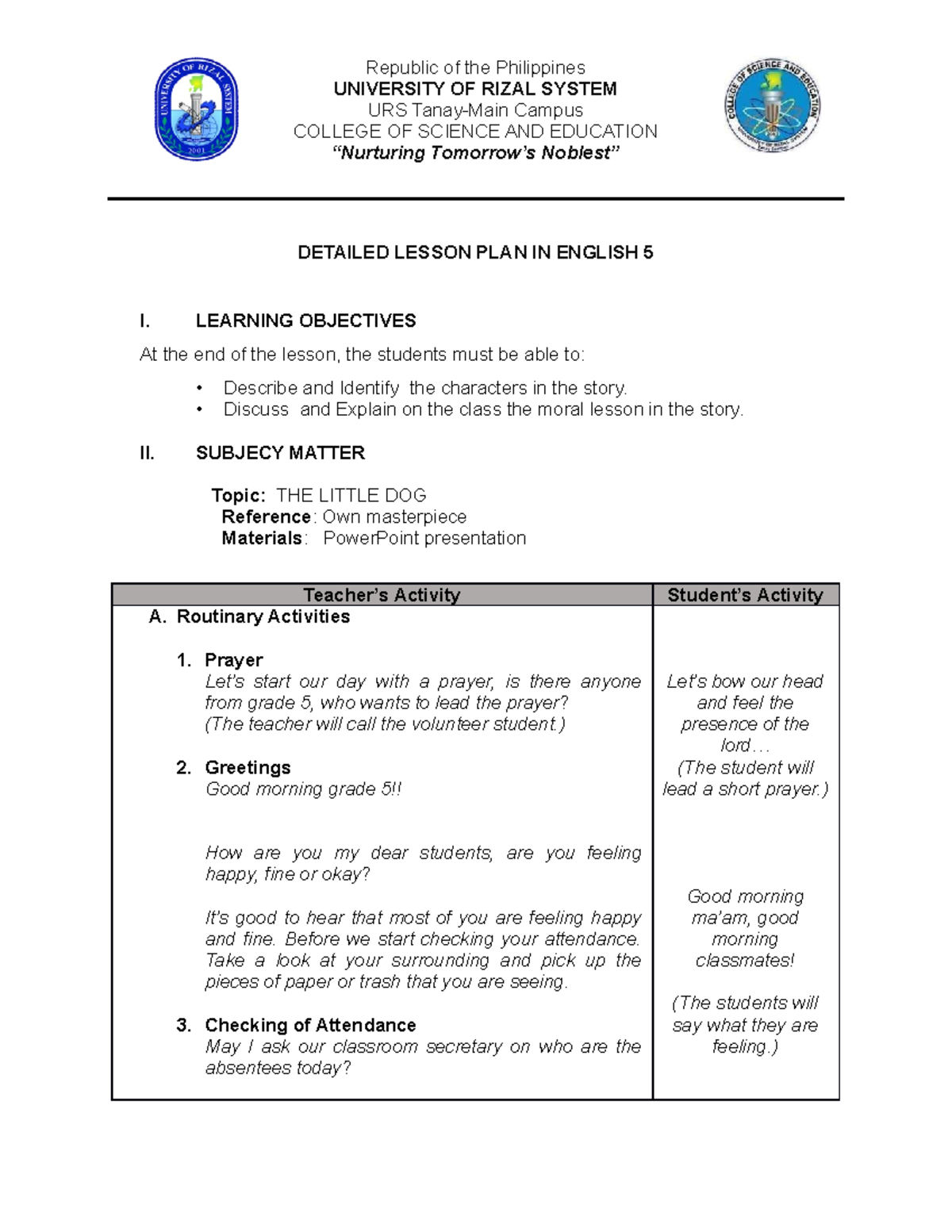 English 5 Detailed Lesson Plan - Republic of the Philippines UNIVERSITY ...
