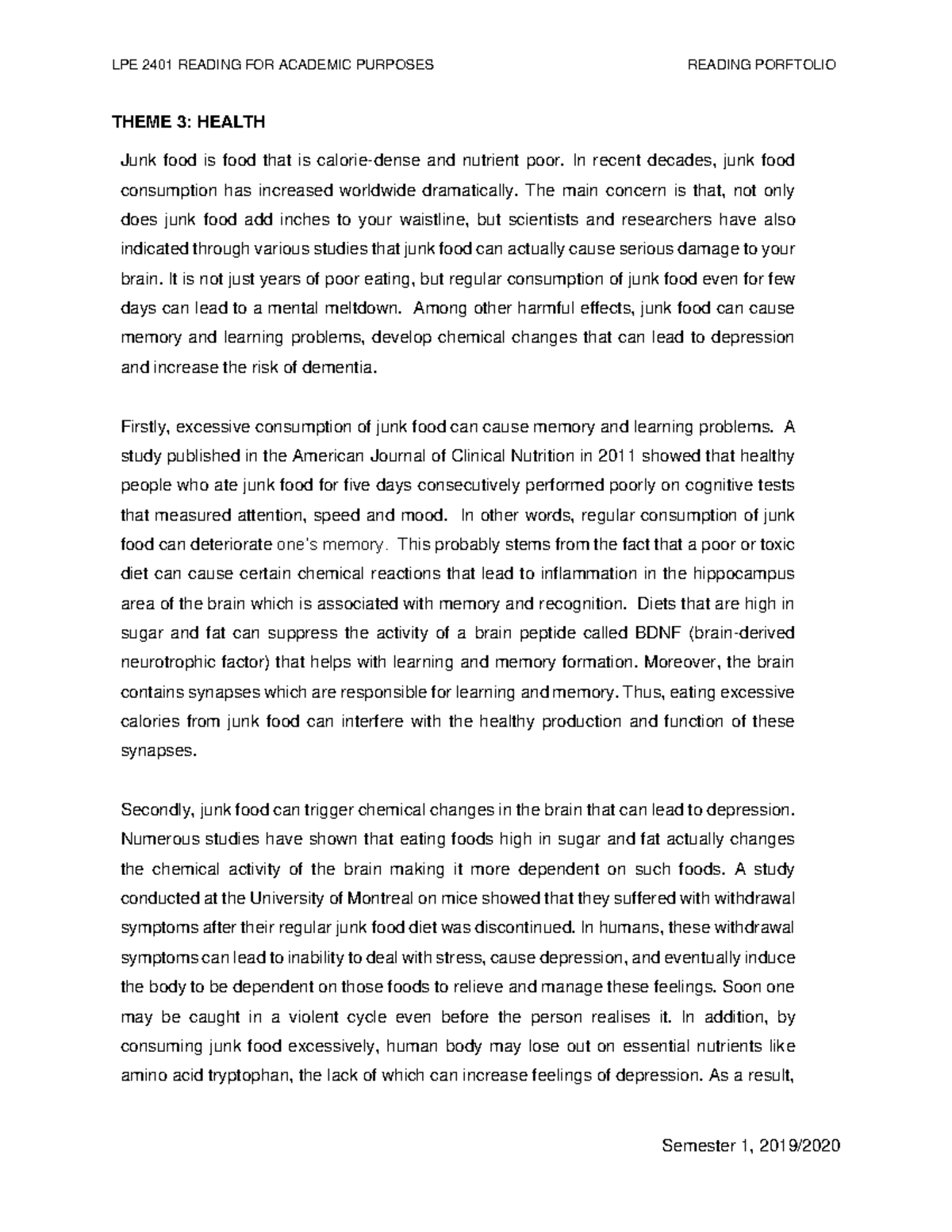 Reading Portfolio Theme 3 - Health - LPE 2401 READING FOR ACADEMIC ...