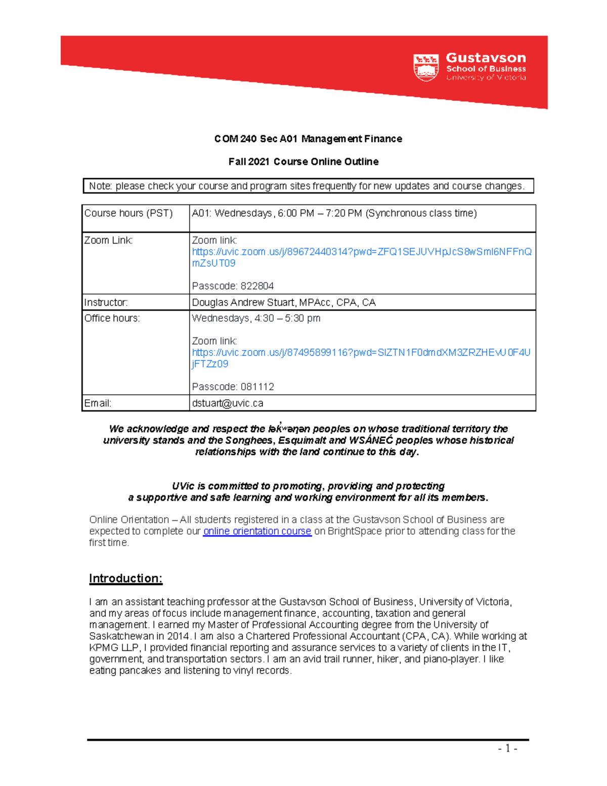 Course Outline COM 240 A01 Fall 2021 - COM 240 Sec A01 Management ...