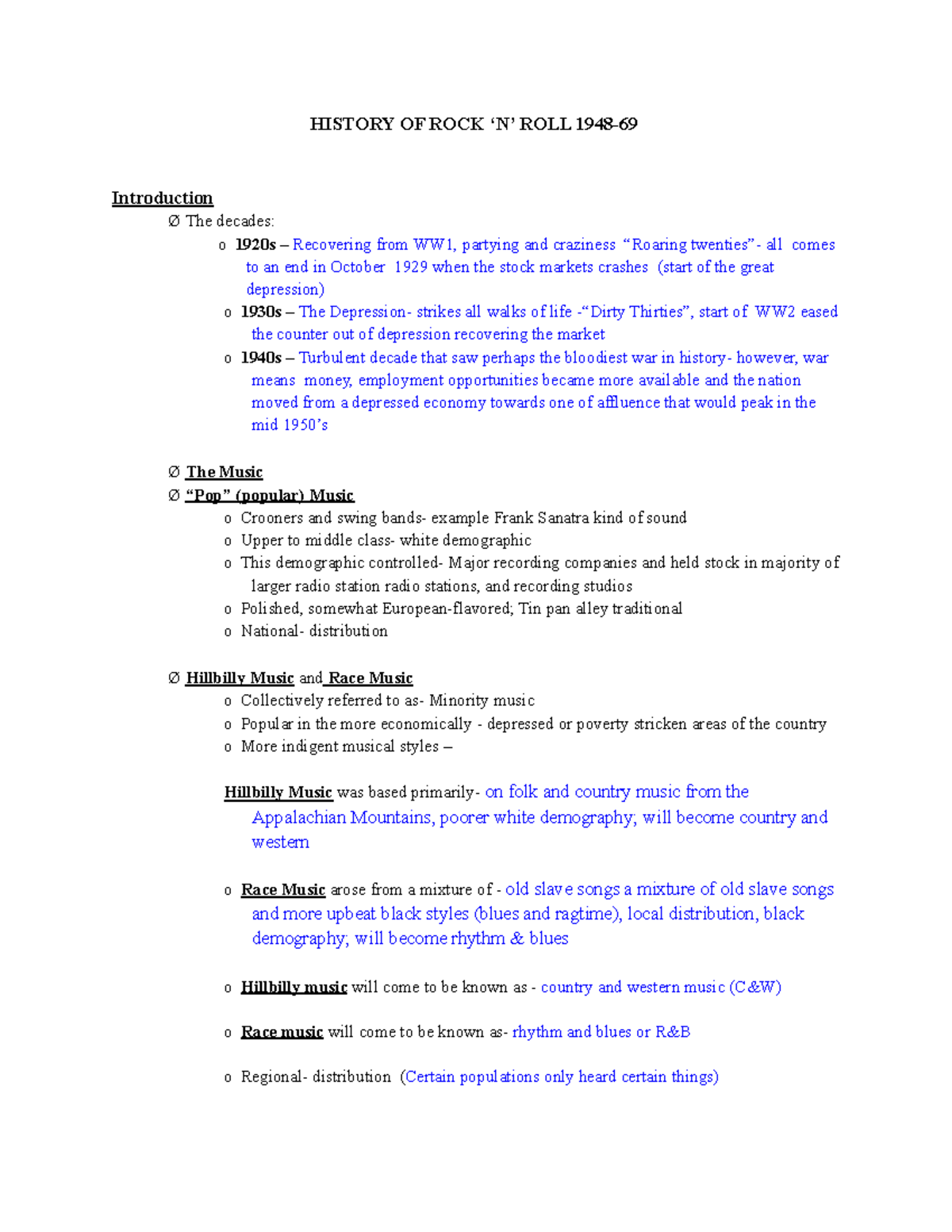 Music 3200- Class notes 1 - HISTORY OF ROCK ‘N’ ROLL 1948- Introduction ...