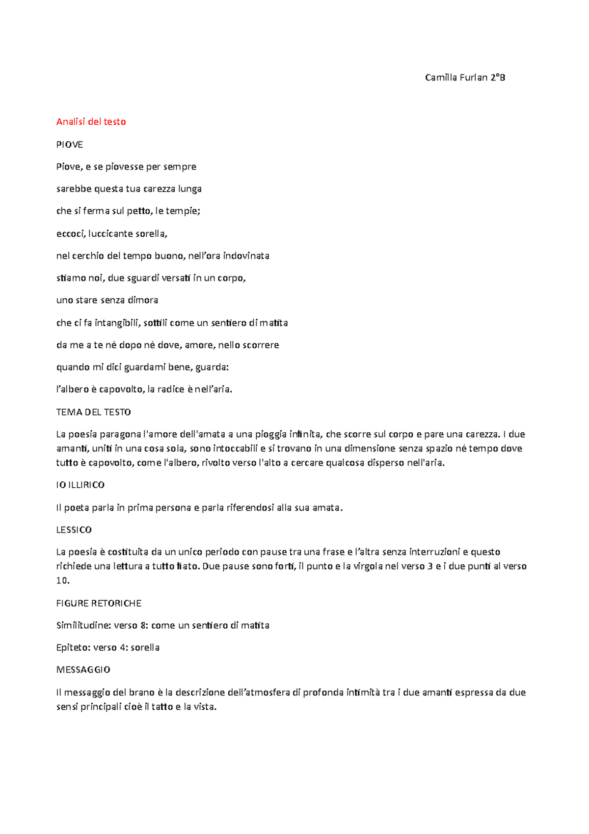 Analisi del testo - Camilla Furlan 2°B Analisi del testo PIOVE Piove, e ...