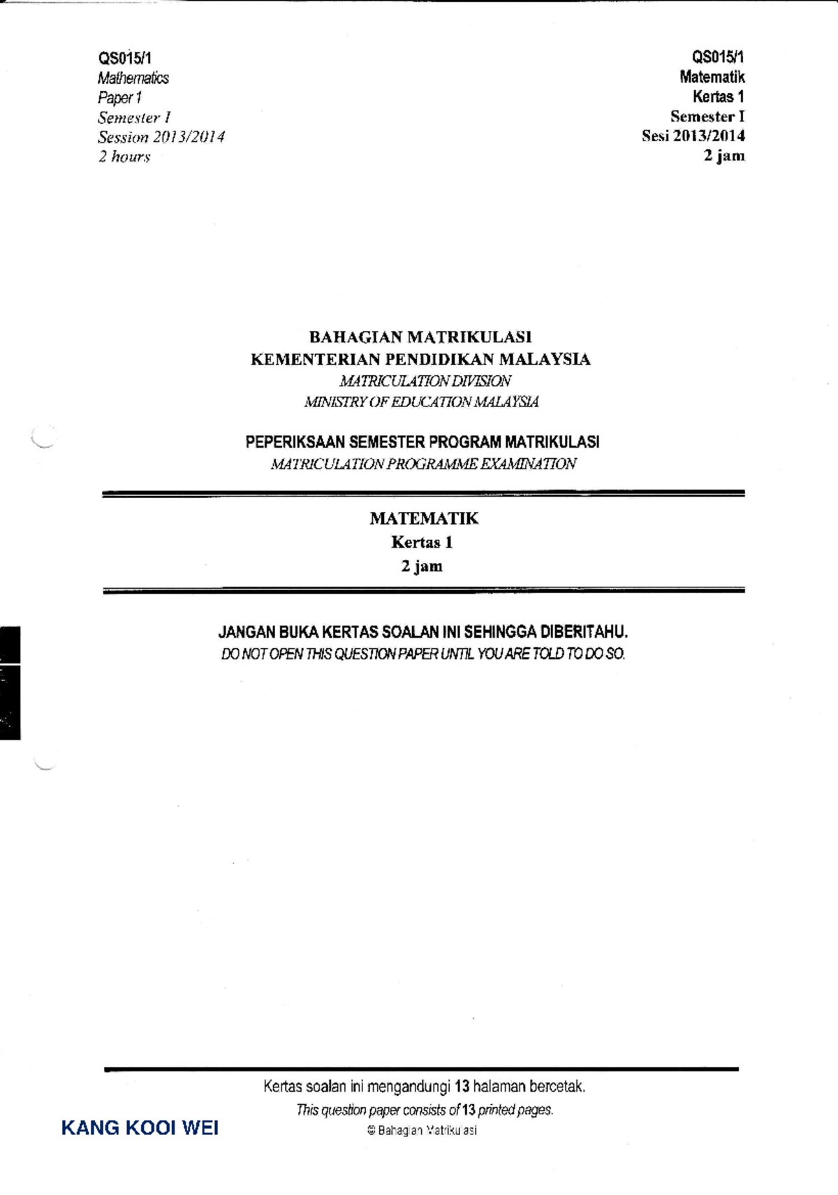PSPM AM015 2013 2014 - pspm - QS015/1 QS015/ Mathemalix Matematik Paprl ...
