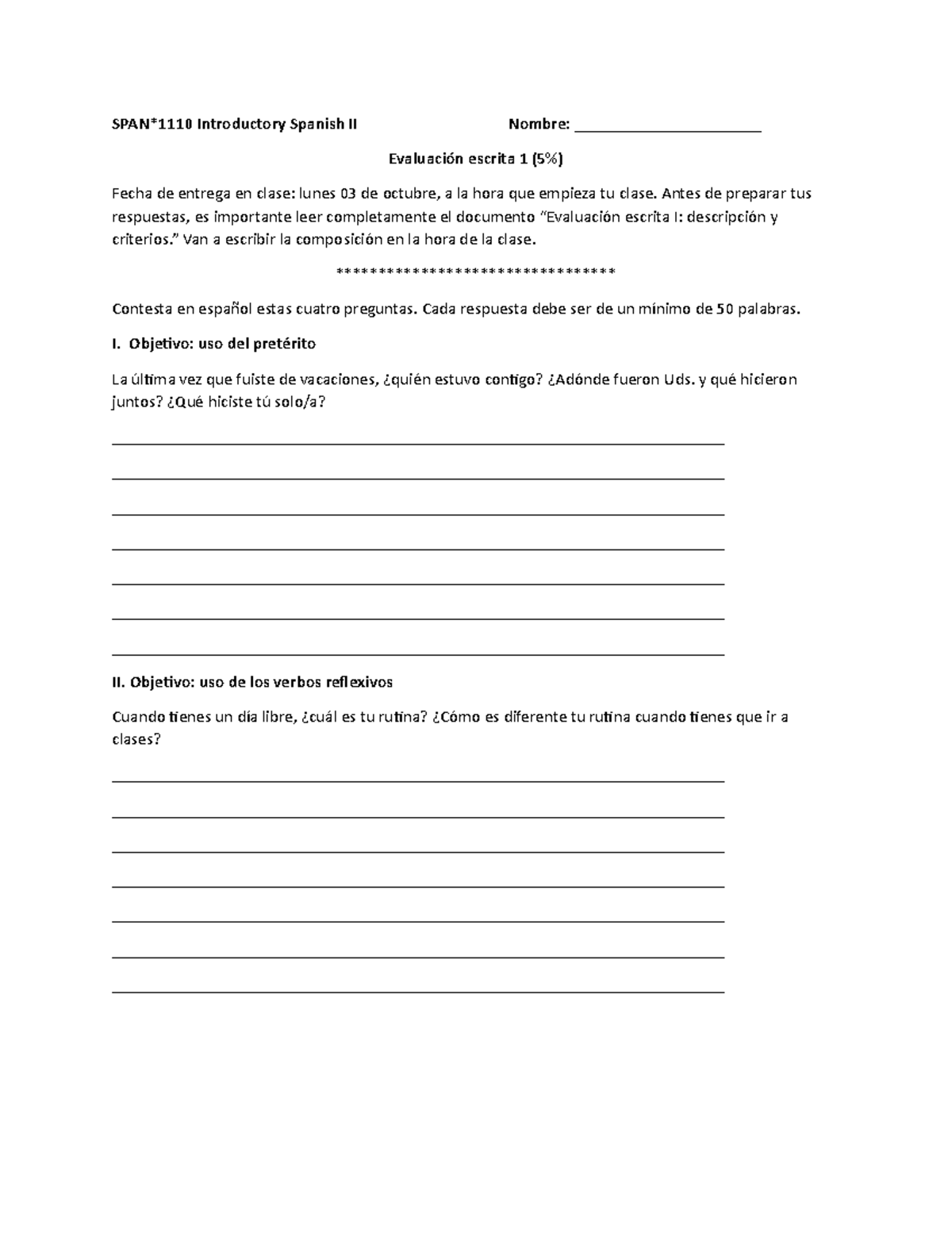 Evaluación escrita 1 - SPAN*1110 Introductory Spanish II Nombre ...