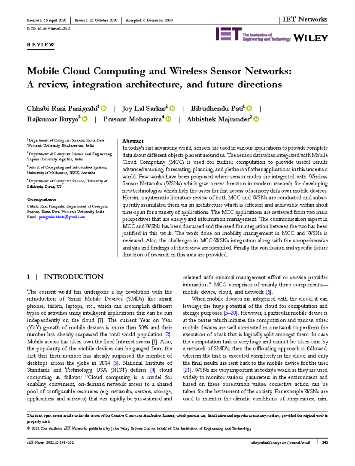 IET Networks - 2021 - Panigrahi - Mobile Cloud Computing and Wireless Sensor Networks A review ...