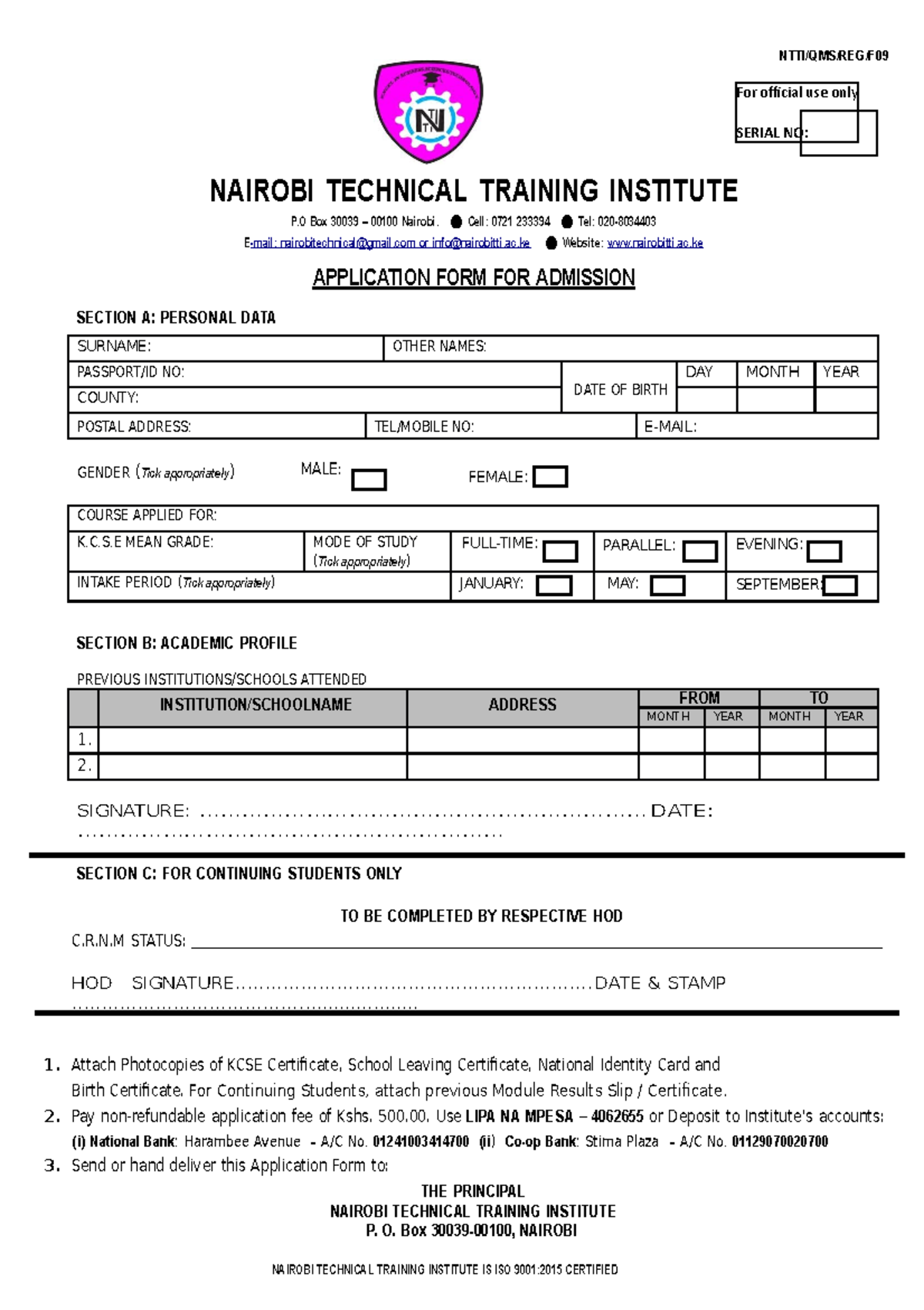 1. NTTI Application FORM - For official use only SERIAL NO: NAIROBI ...