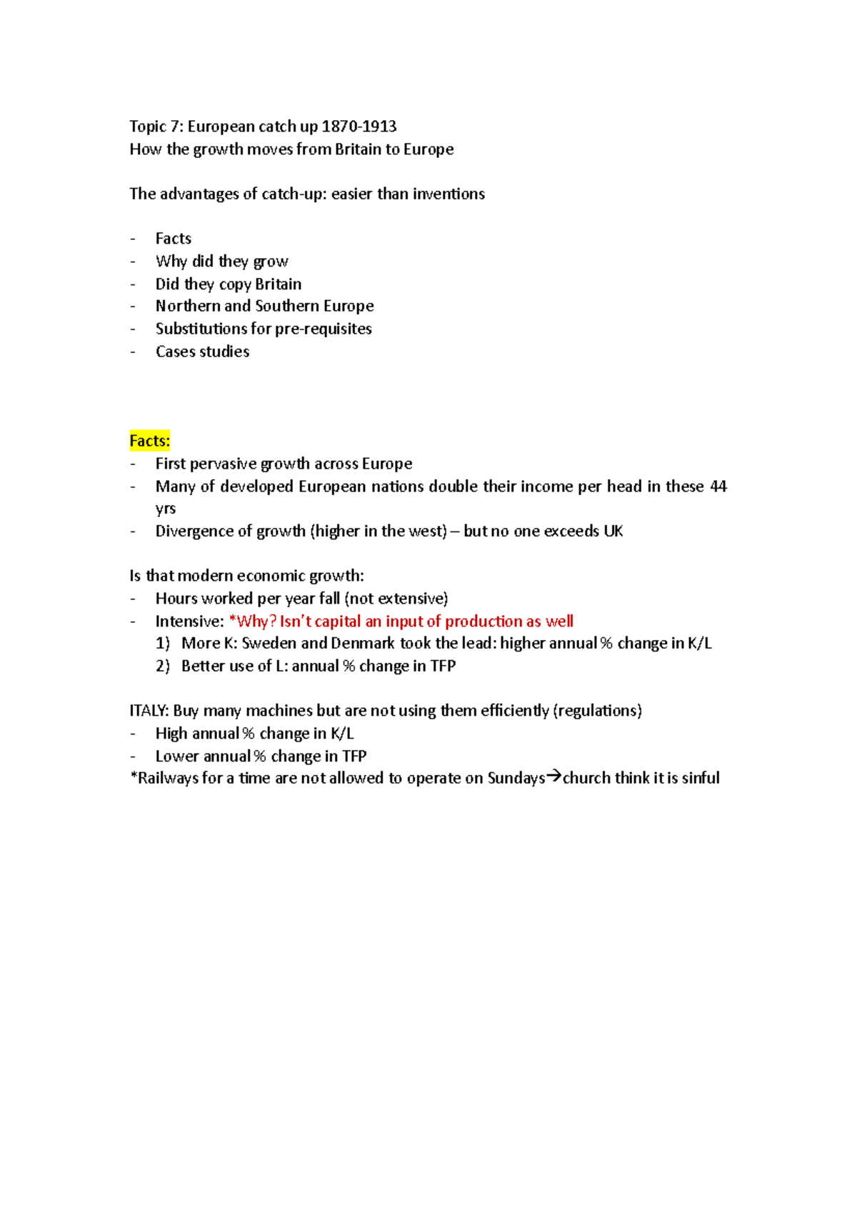 EH101 Topic 7 - lecture notes - Topic 7: European catch up 1870- How ...