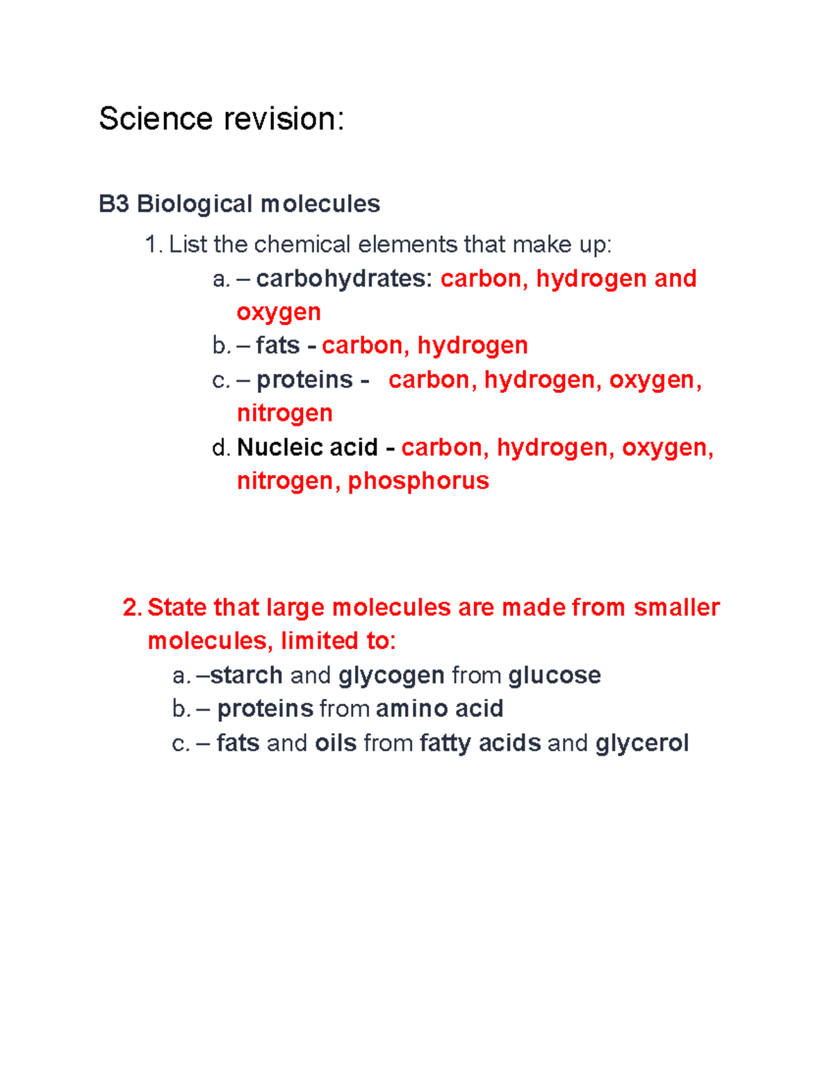 Science revision - Science revision: B3 Biological molecules 1. List ...