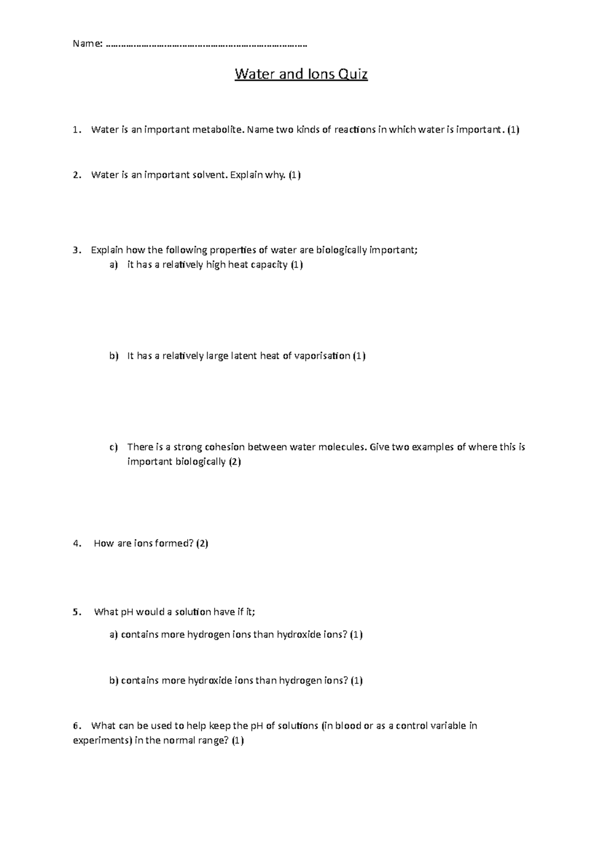 Water and Ions Quiz - notes - Name: - Studocu