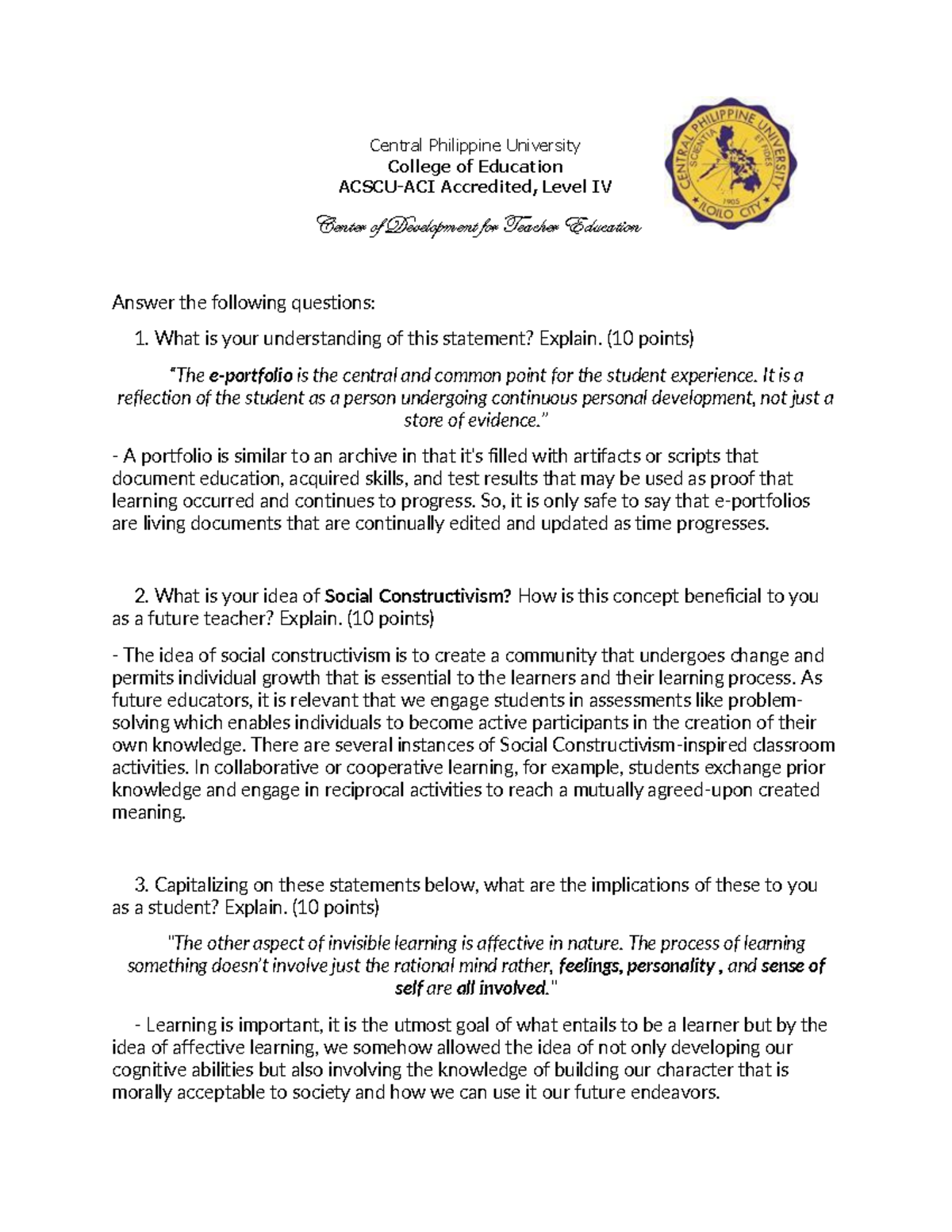 Module 6 - Central Philippine University College of Education ACSCU-ACI ...