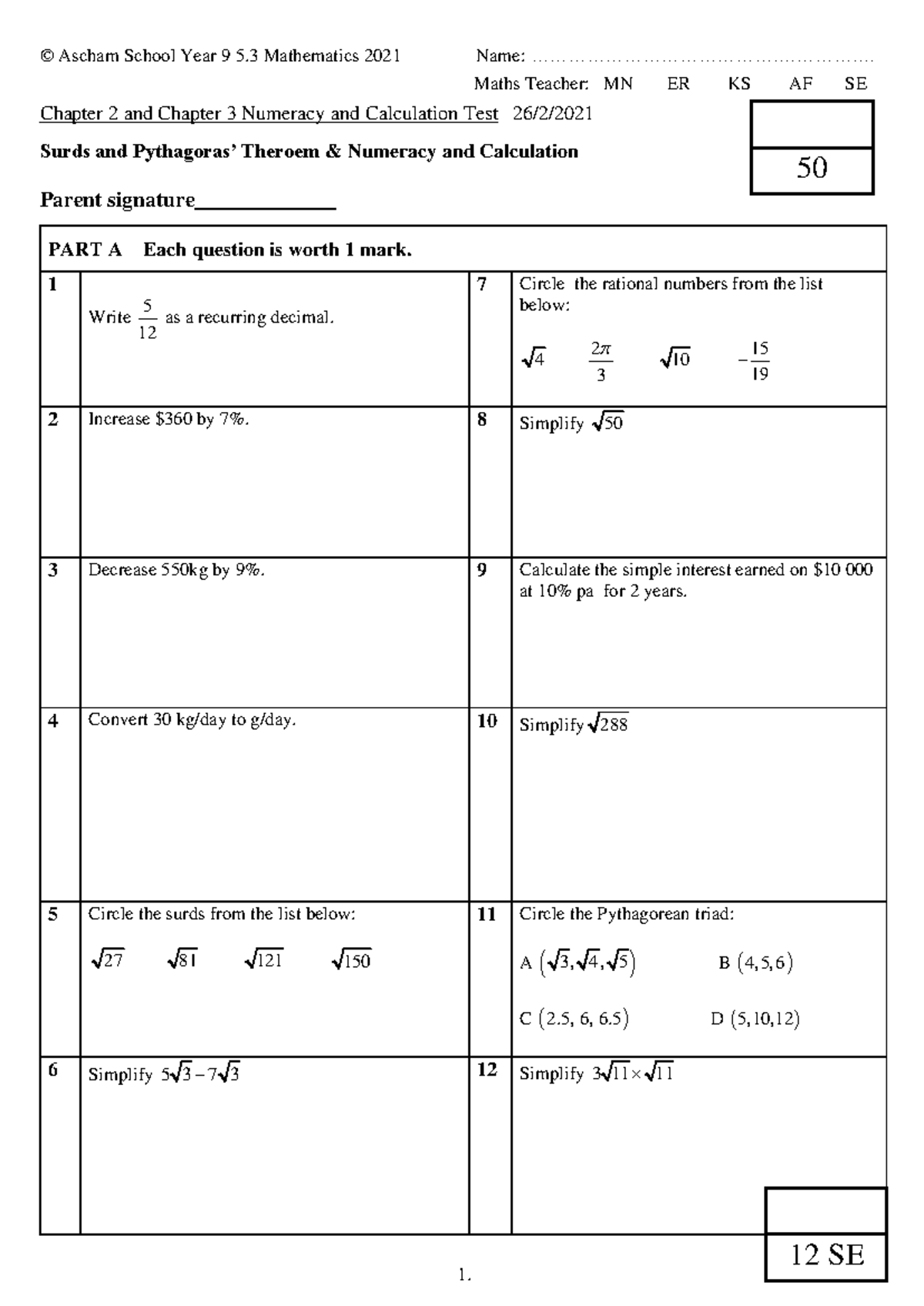 2021 Y9 5.3 Term1 Test1 Ch2 Surds and Ch3 Perc Rates Ratios 2021 02 26 ...