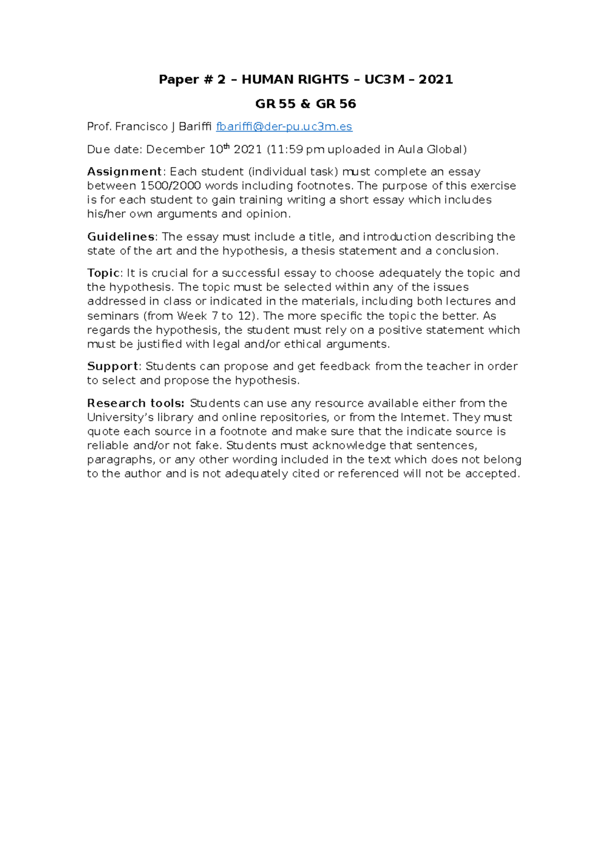 Paper # 2 Guidelines - Paper # 2 – HUMAN RIGHTS – UC3M – 2021 GR 55 ...