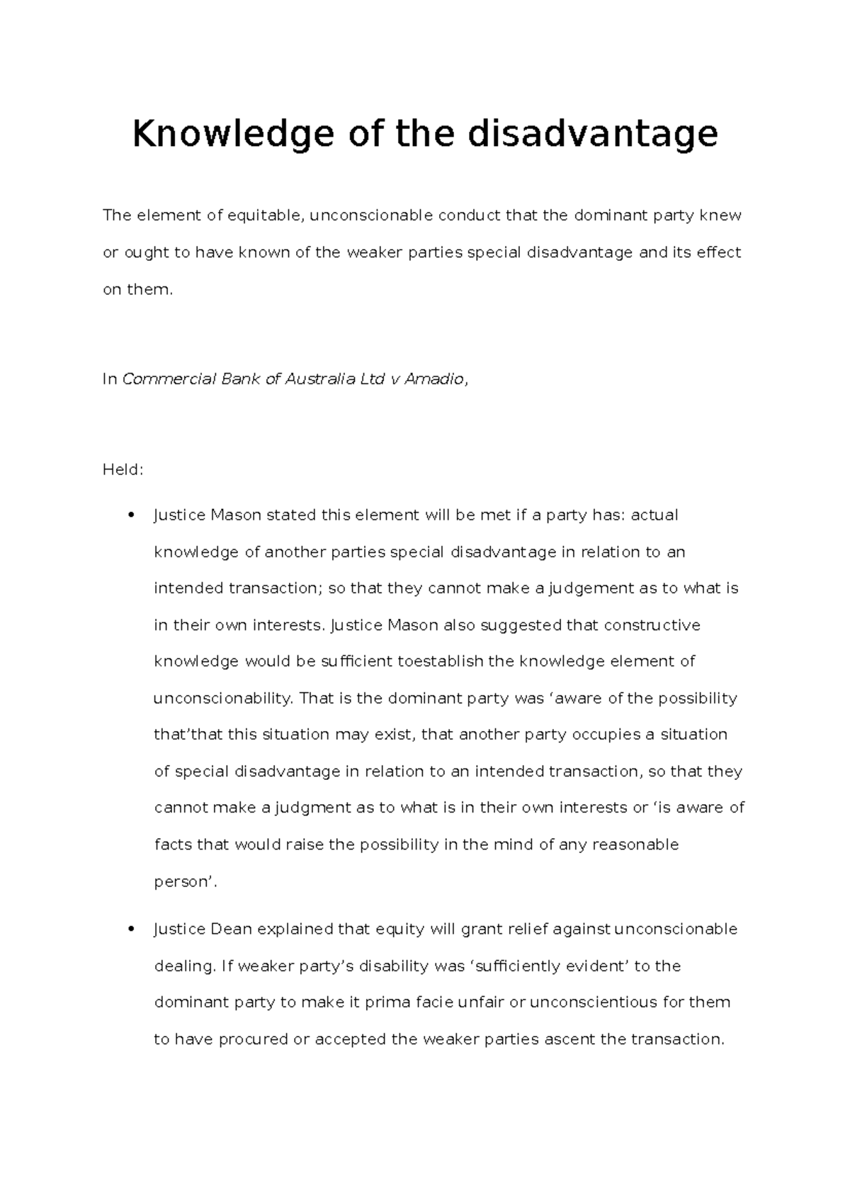 Knowledge of the disadvantage - In Commercial Bank of Australia Ltd v ...