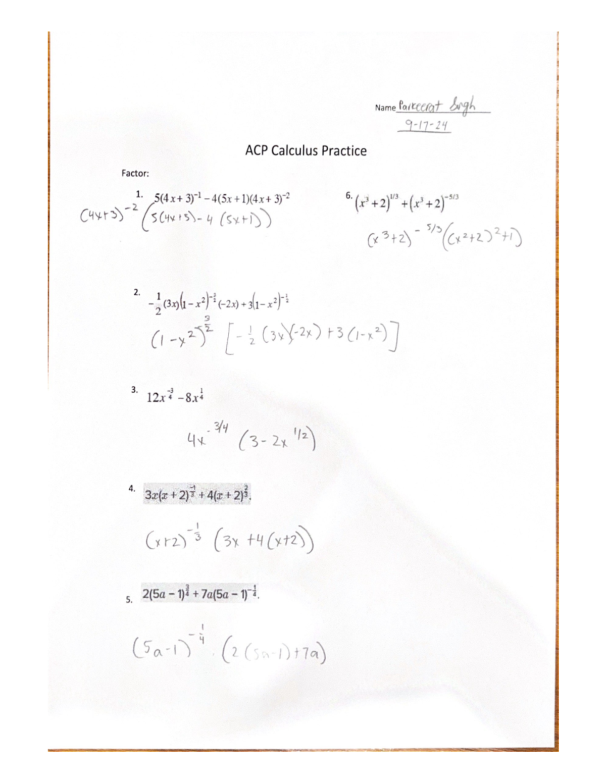 ACP Calculus Practice - Some worksheet - Name Parkeerat Singh ACP ...