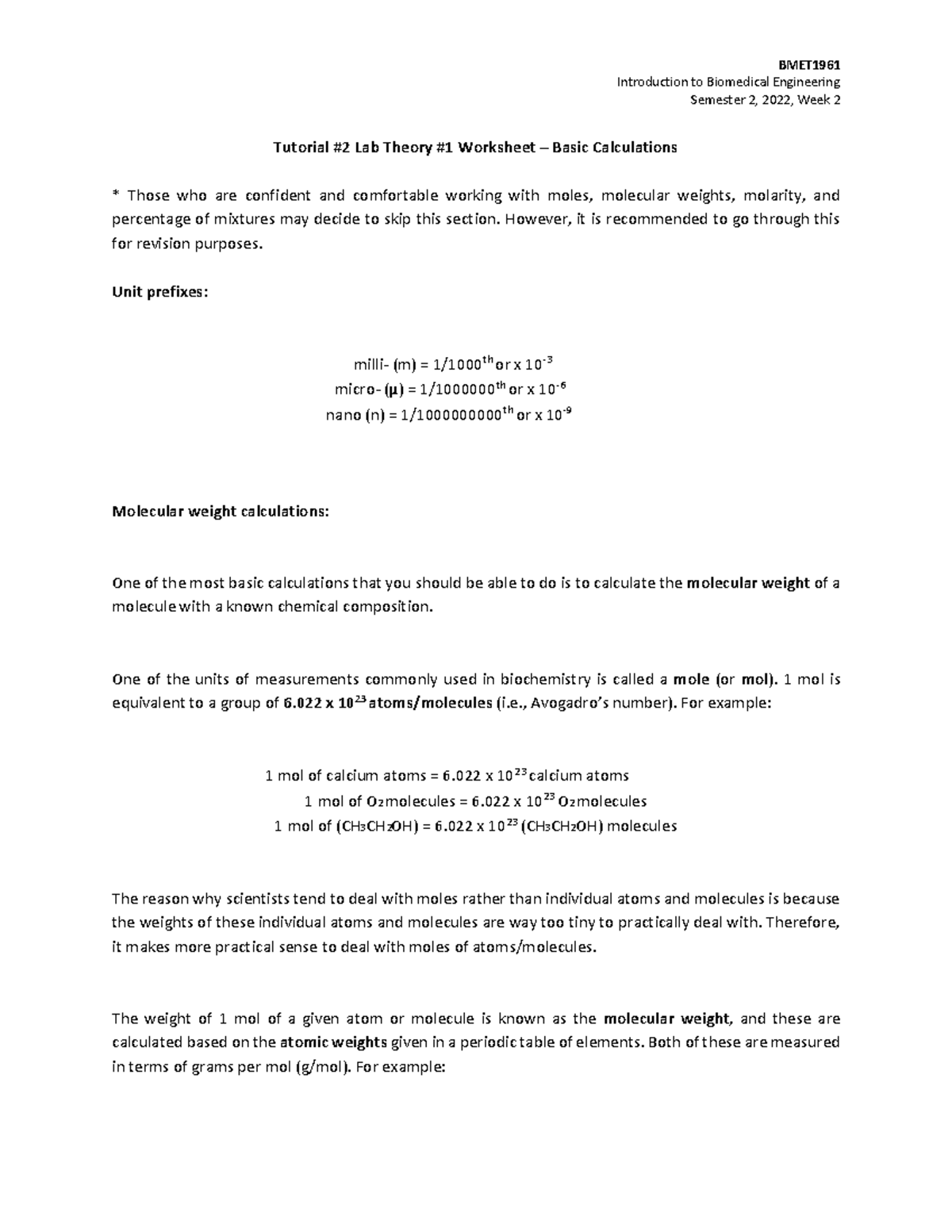 L1 Worksheet - Basic Calculations - BMET Introduction to Biomedical ...