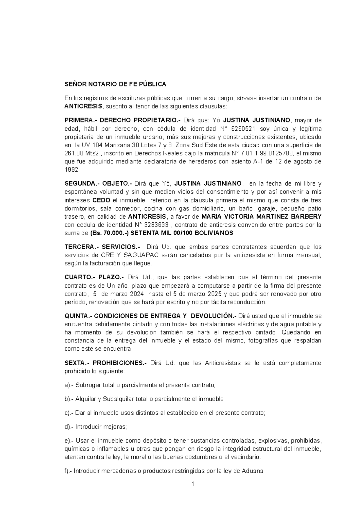 Contrato DE Anticretico - SEÑOR NOTARIO DE FE PÚBLICA En los registros ...