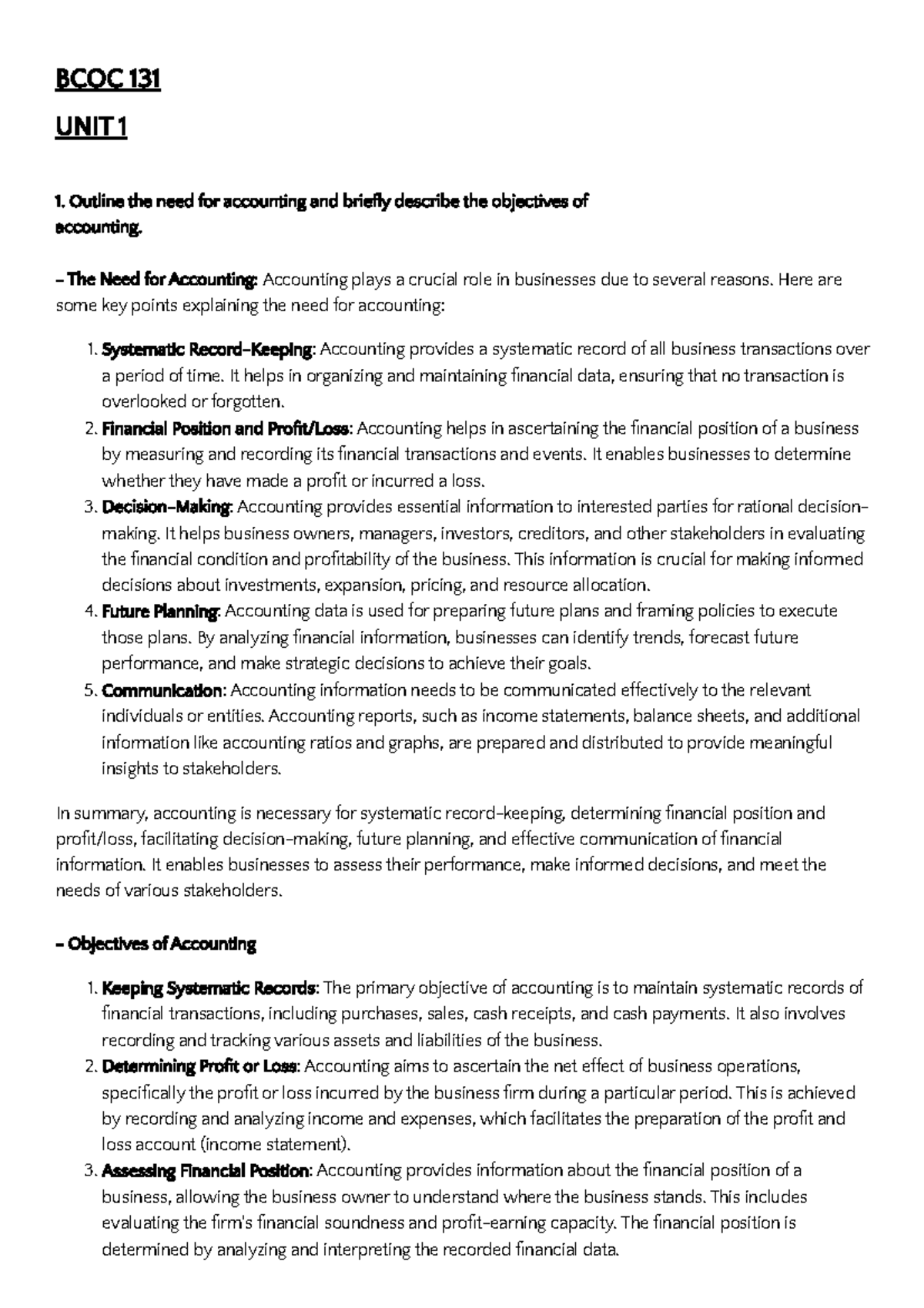 UNIT 1 - BCOC 131 UNIT 1 Outline the need for accounting and briey ...