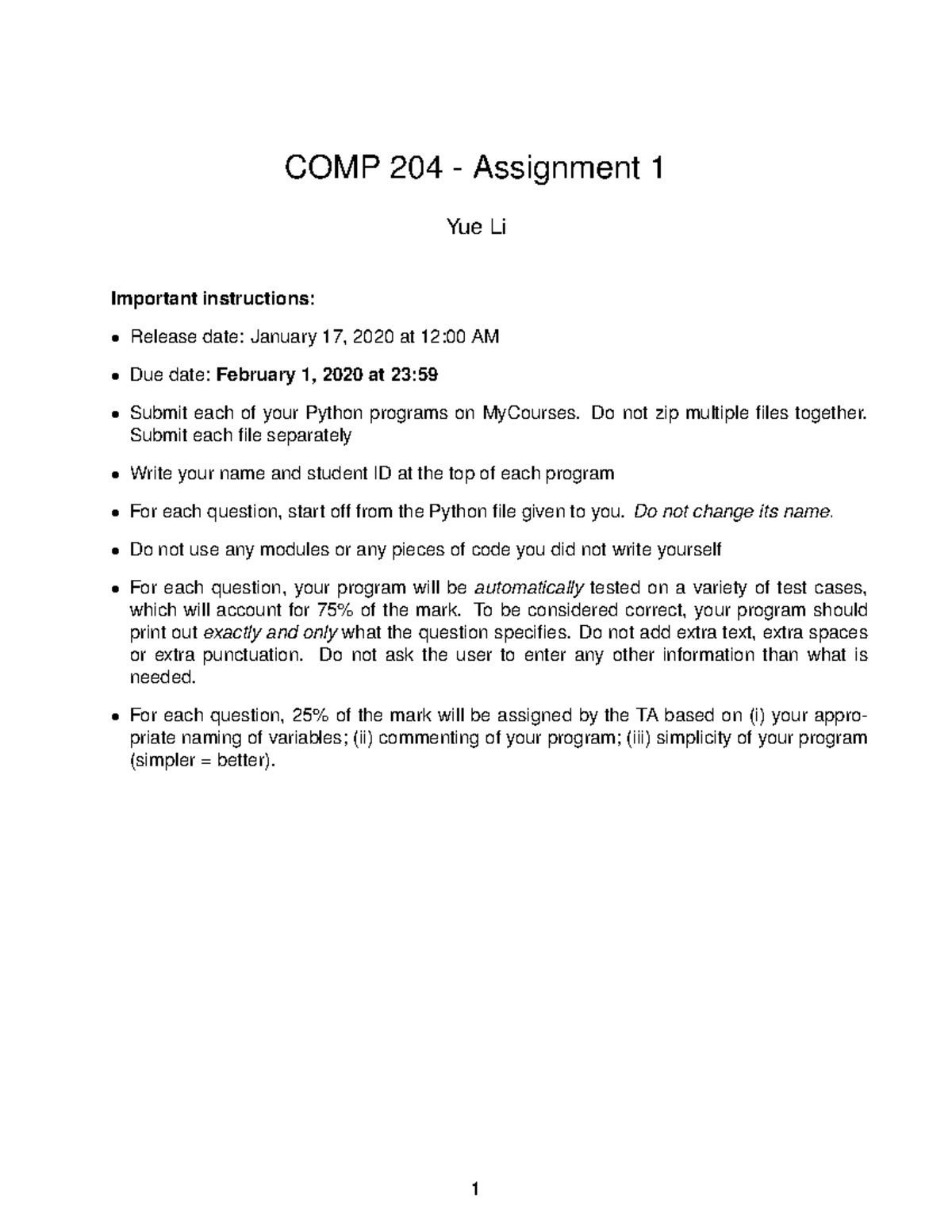 COMP 204 Assignment 1 - COMP 204 - Assignment 1 Yue Li Important instructions: Release date ...